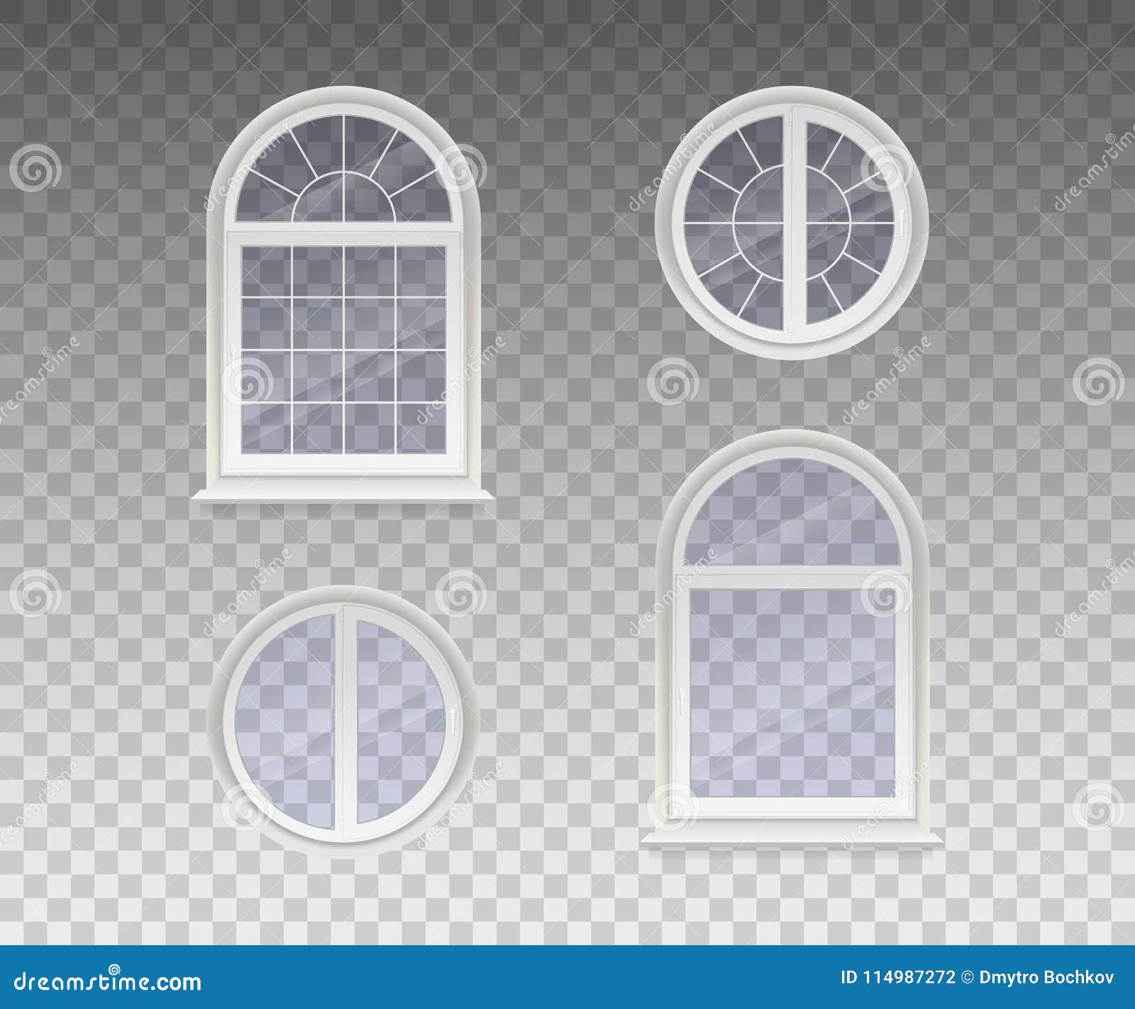 Set Of Closed Round And Arched Windows With Transparent Glass In A ...