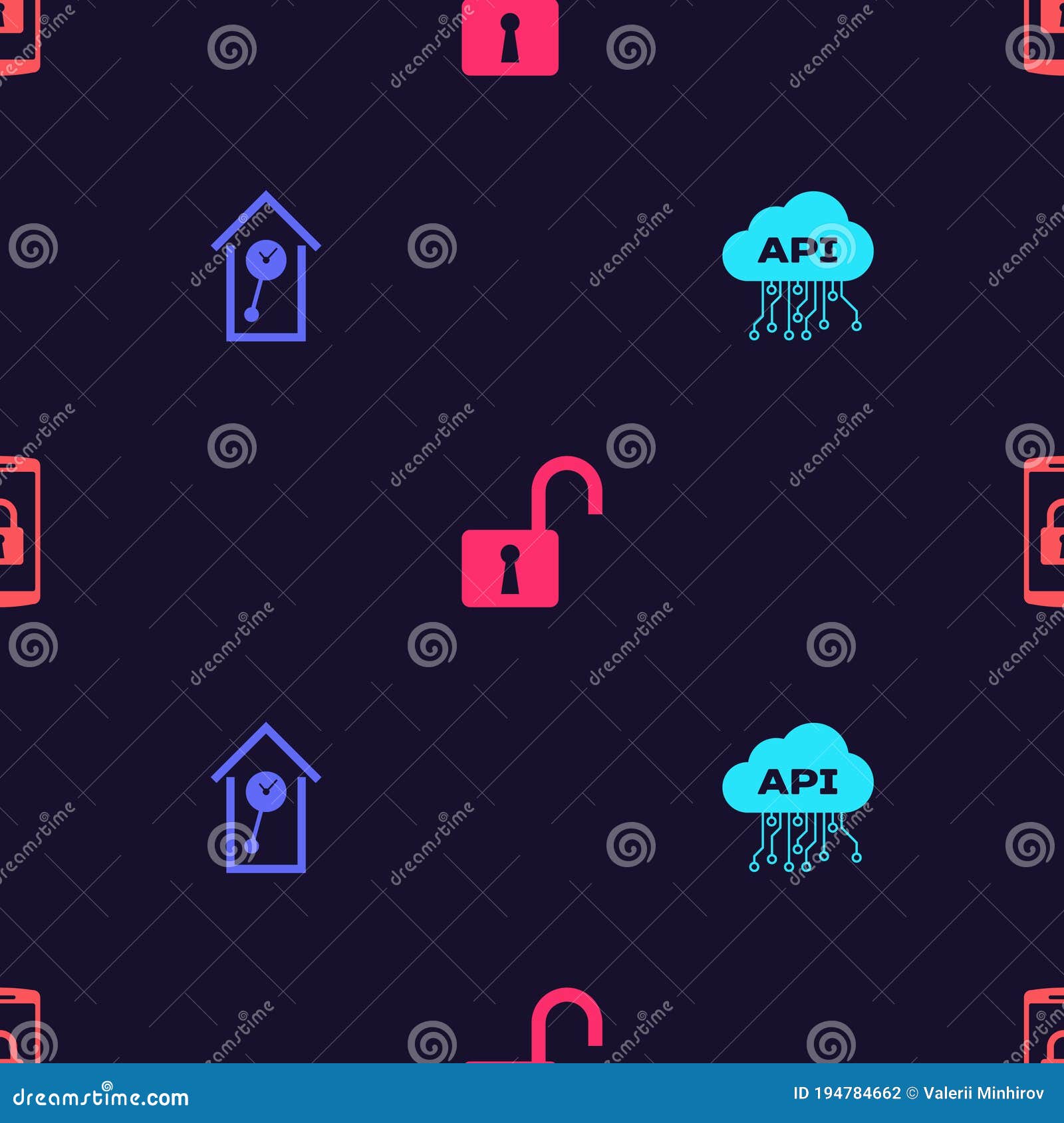 Set Cloud Api Interface Retro Wall Watch Open Padlock Y Smartphone Con. Vector Ilustración del ...