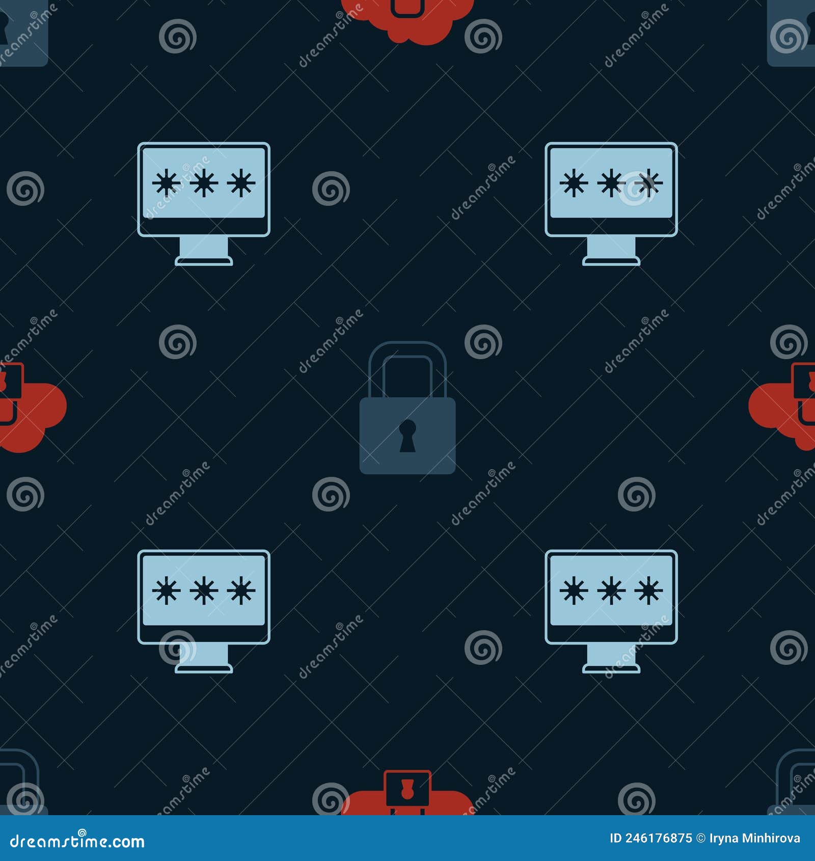 Set Cloud Computing Lock Lock And Monitor With Password On Seamless Pattern Vector Stock