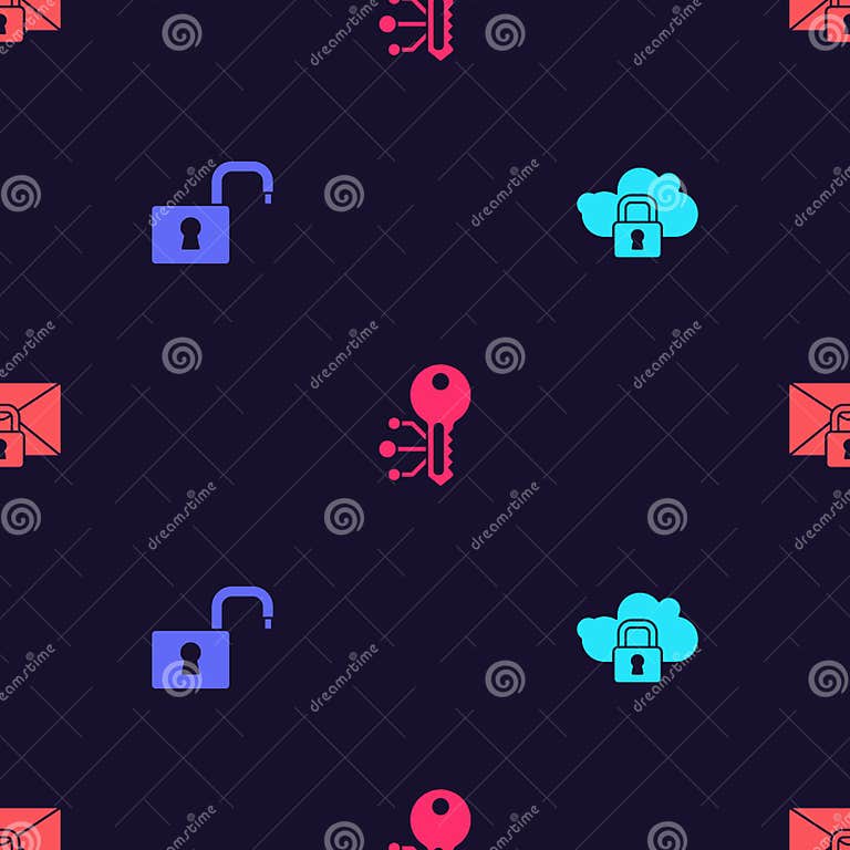 Set Cloud Computing Lock, Open Padlock, Cryptocurrency Key and Mail Message Password on Seamless ...