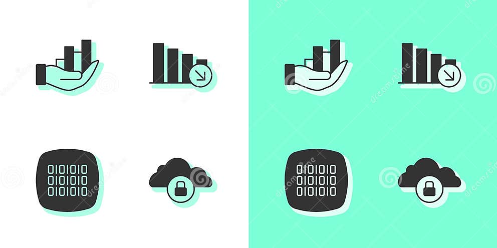 Set Cloud Computing Lock, Pie Chart Infographic, Binary Code and Financial Growth Decrease Icon ...