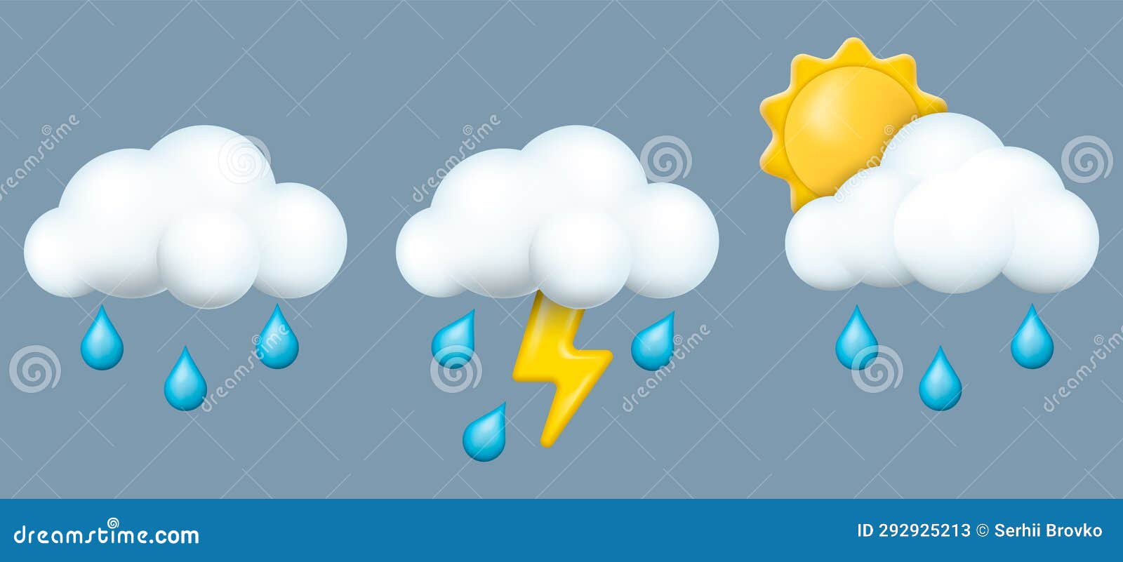 Set of Cloud 3d with Raindrops, Lightning and Sun. Vector Illustration ...