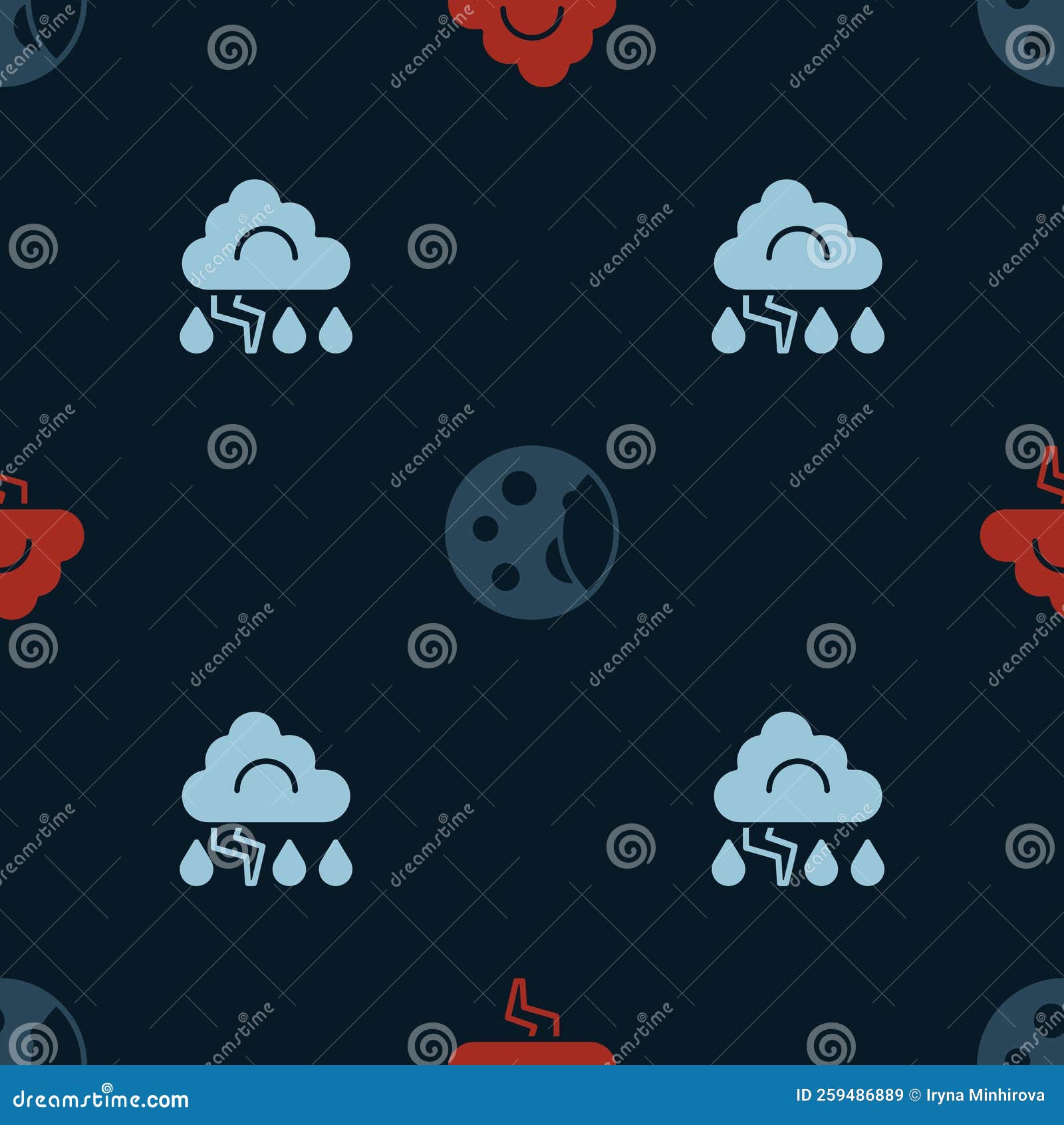 Set Cloud and Lightning, Moon Phases and on Seamless Pattern. Vector ...
