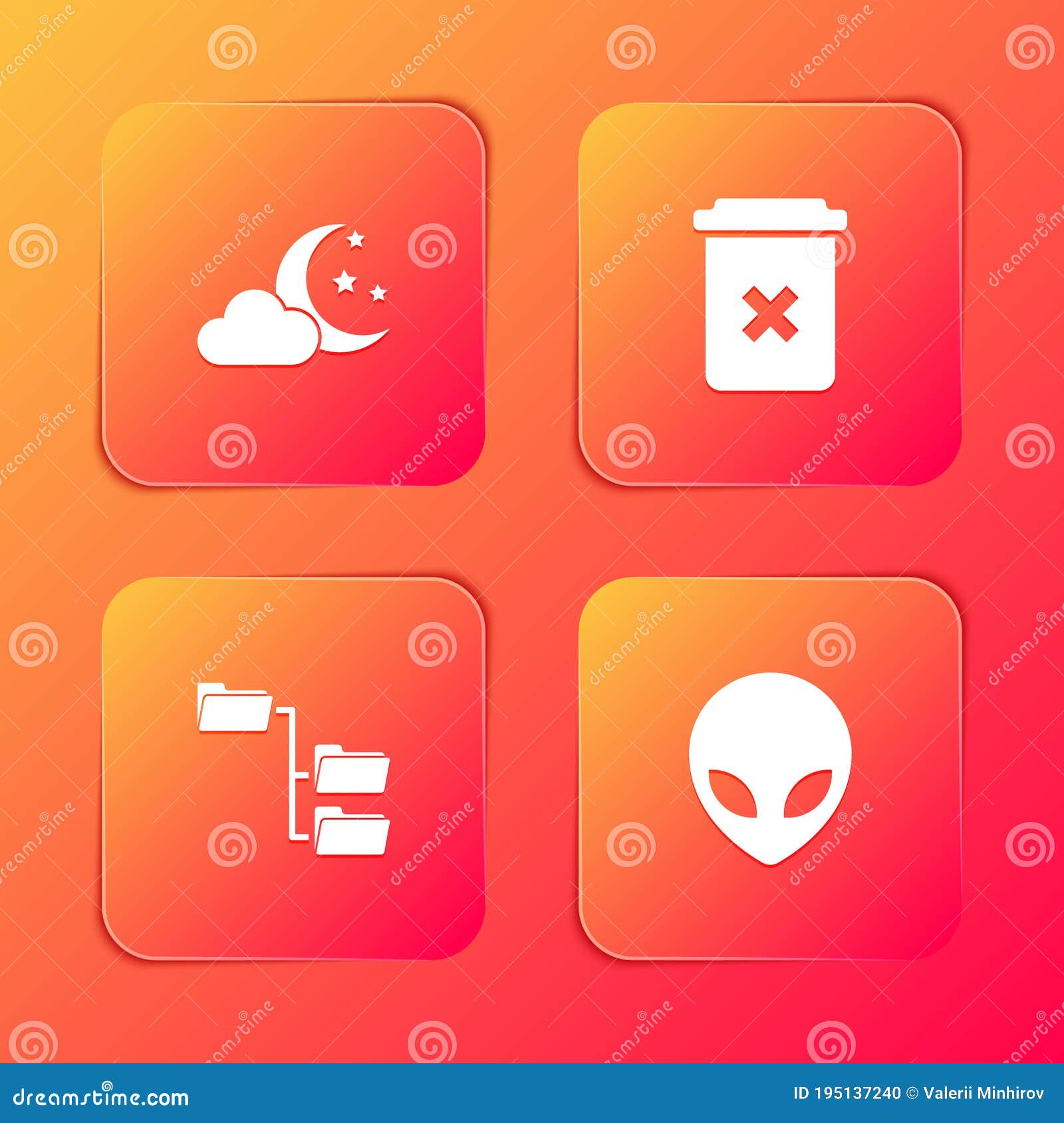Set Cloud with Moon and Stars, Trash Can, Folder Tree and Alien Icon ...