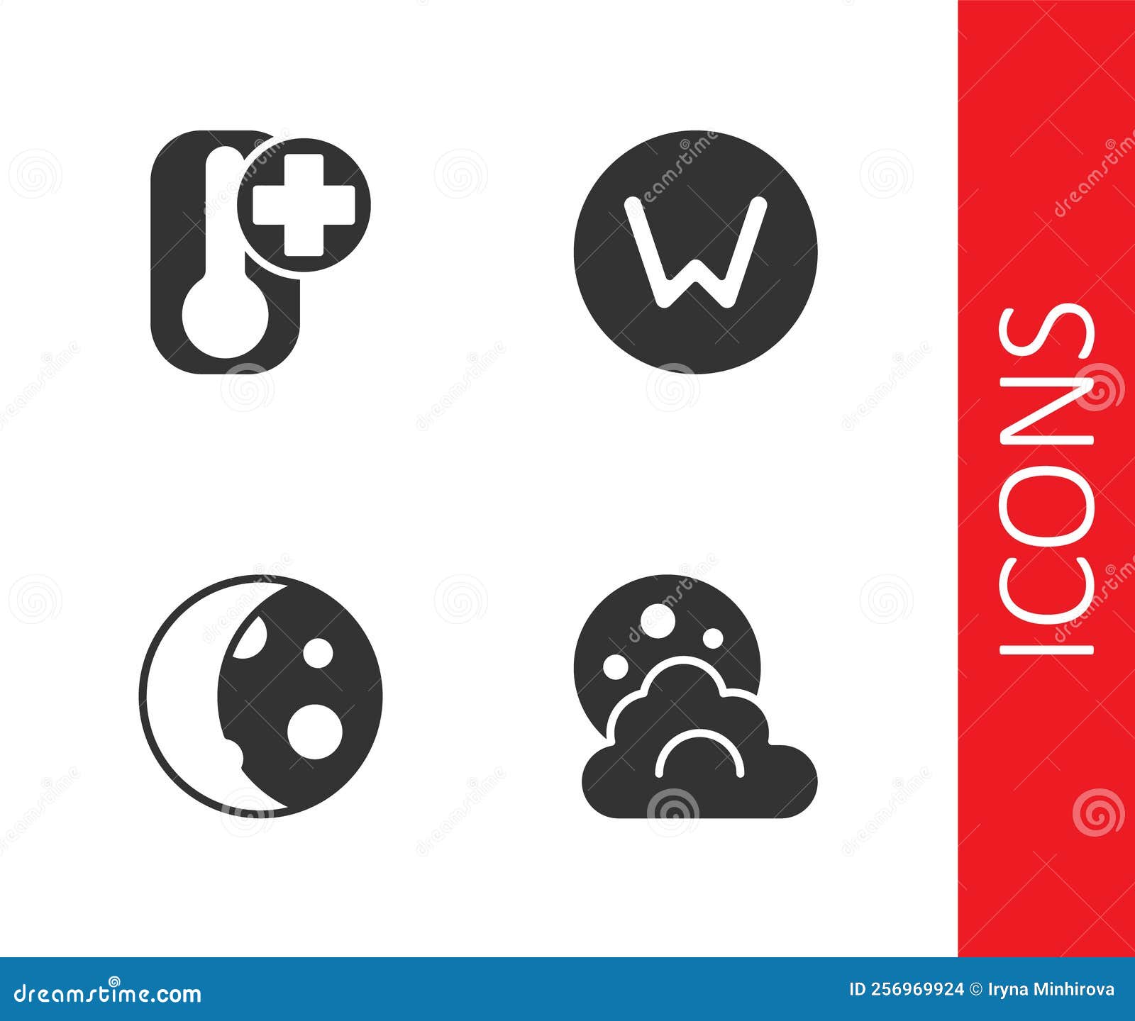 Set Cloud with Moon, Thermometer, Moon Phases and Compass North Icon ...