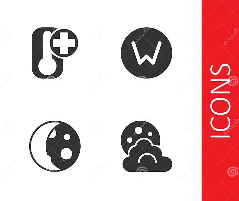 Set Cloud with Moon, Thermometer, Moon Phases and Compass North Icon ...