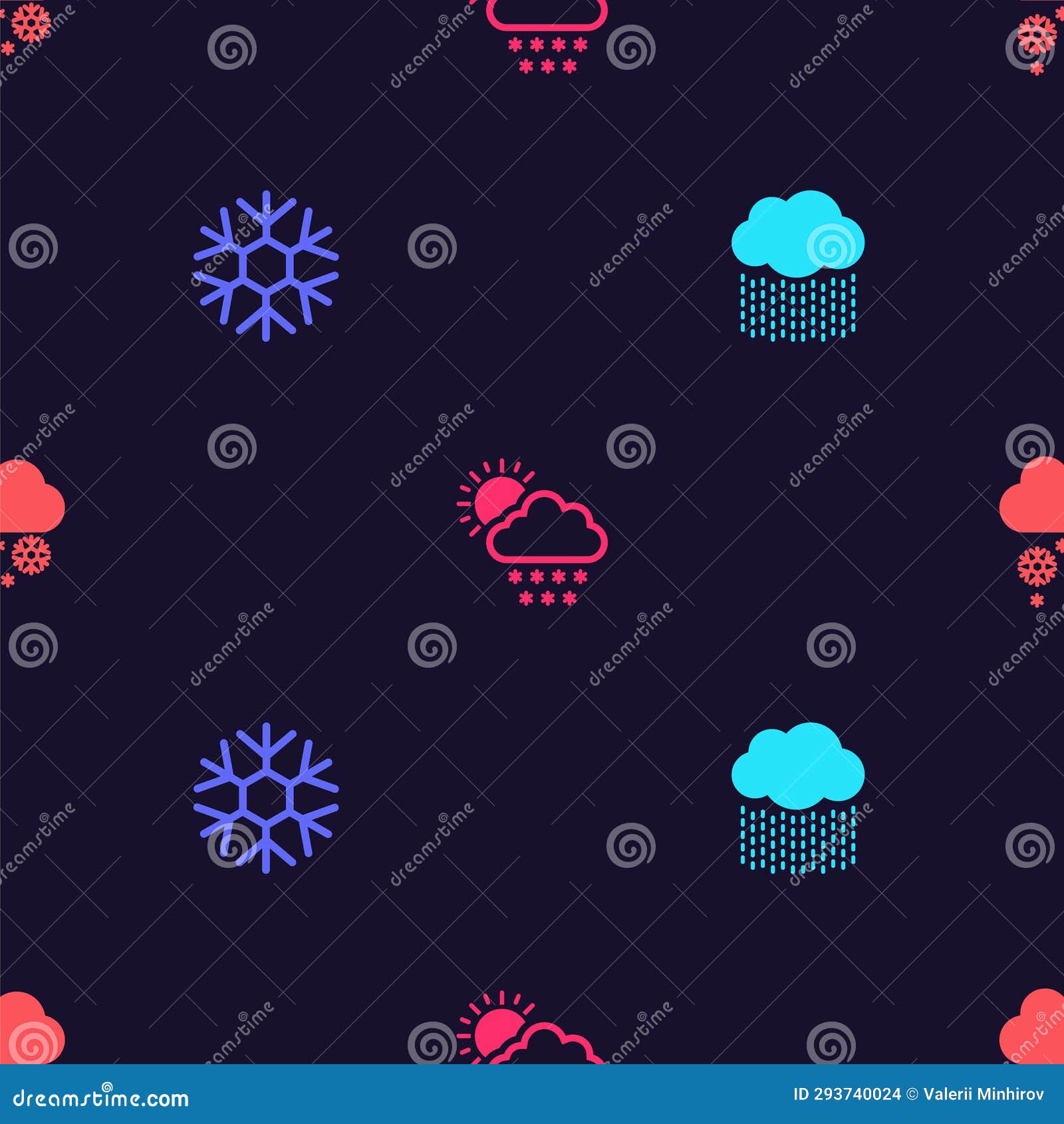 Set Cloud with Rain, Snowflake, Snow and Sun and on Seamless Pattern ...
