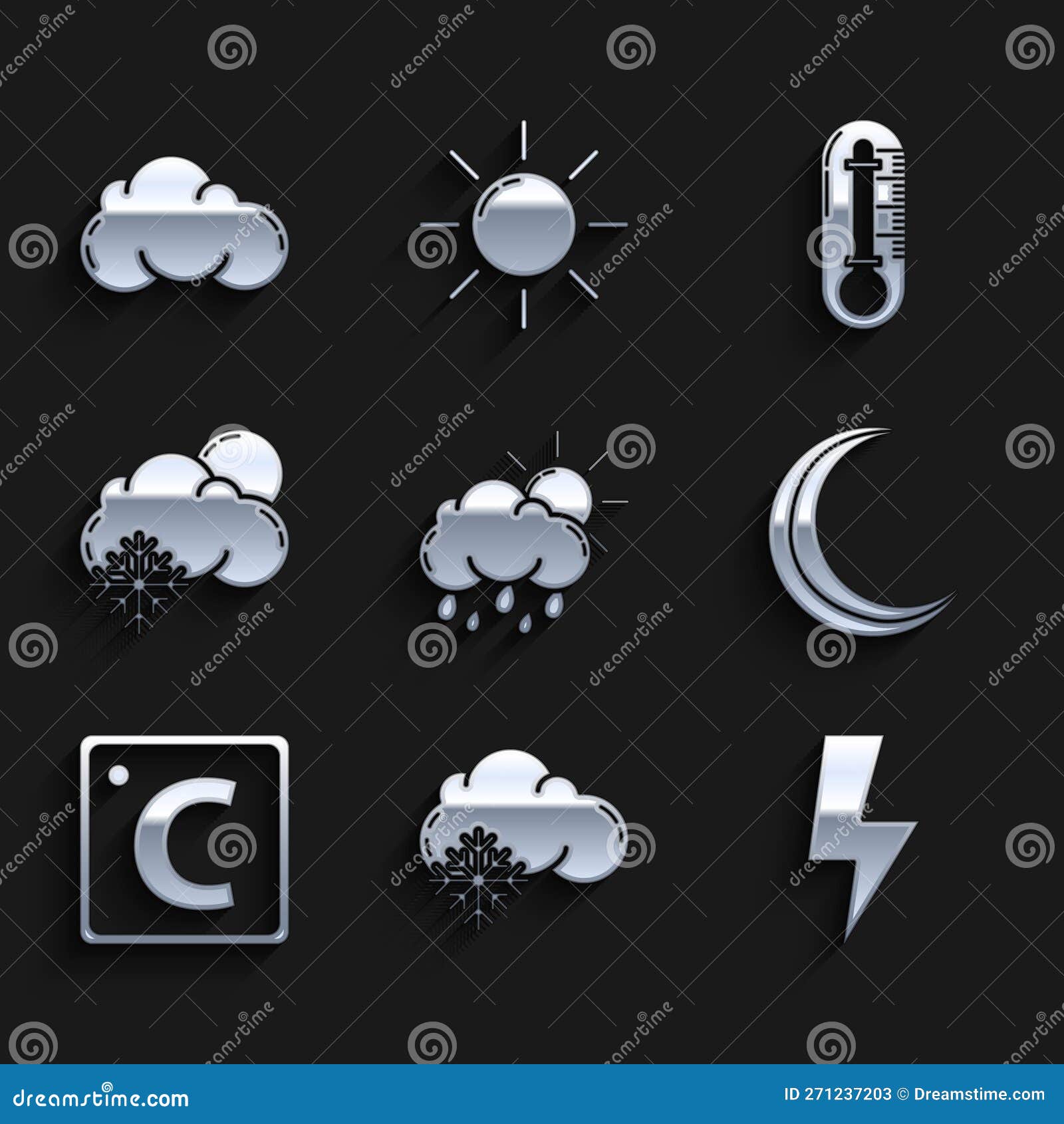 Set Cloud with Rain and Sun, Snow, Lightning Bolt, Moon Stars, Celsius ...