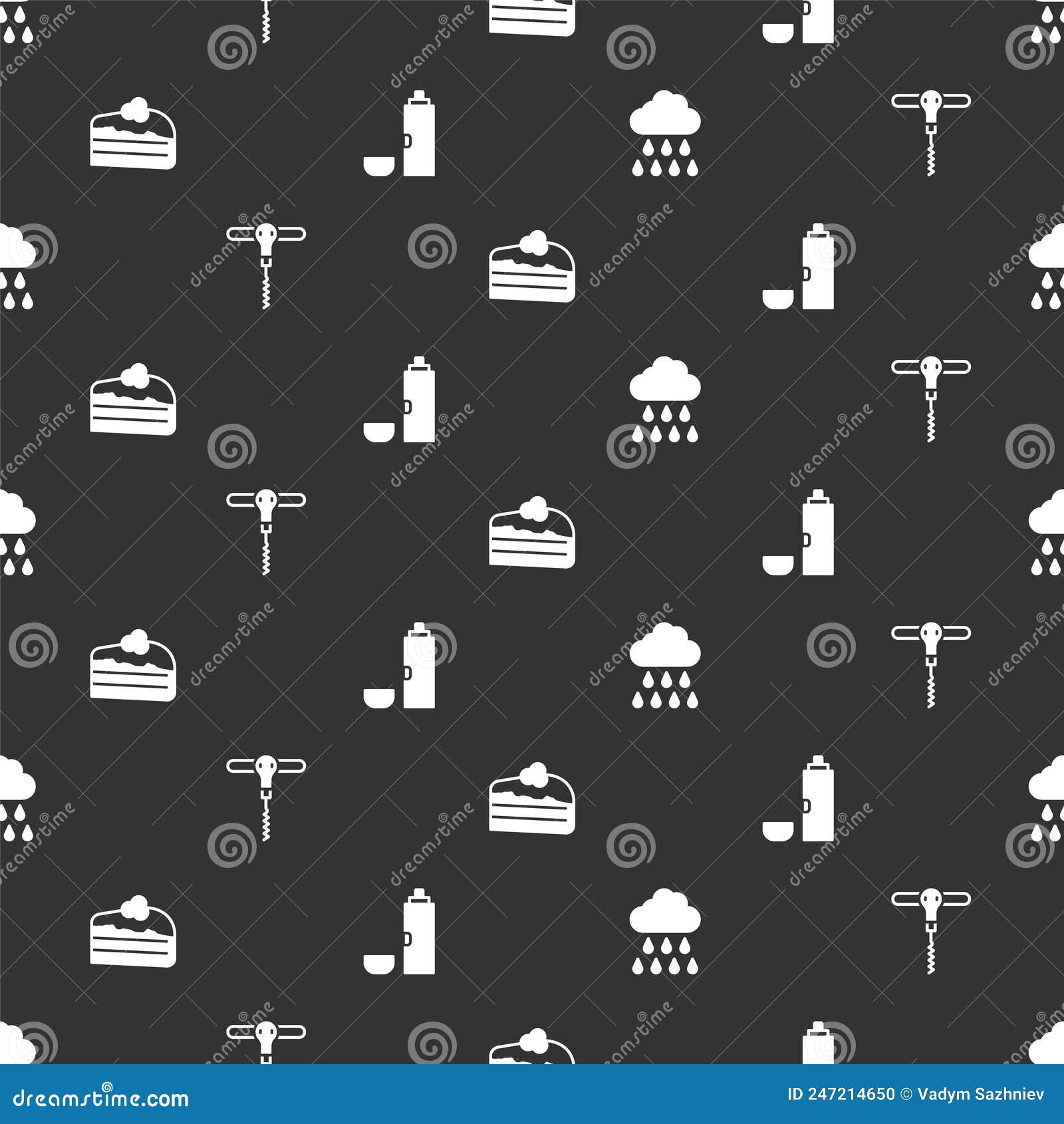 Set Cloud with Rain, Wine Corkscrew, Piece of Cake and Thermos ...