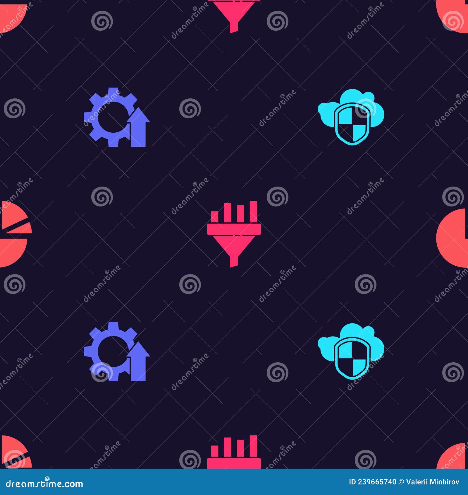 Set Cloud and Shield, Arrow Growth Gear, Sales Funnel with Chart and Pie Infographic on Seamless ...