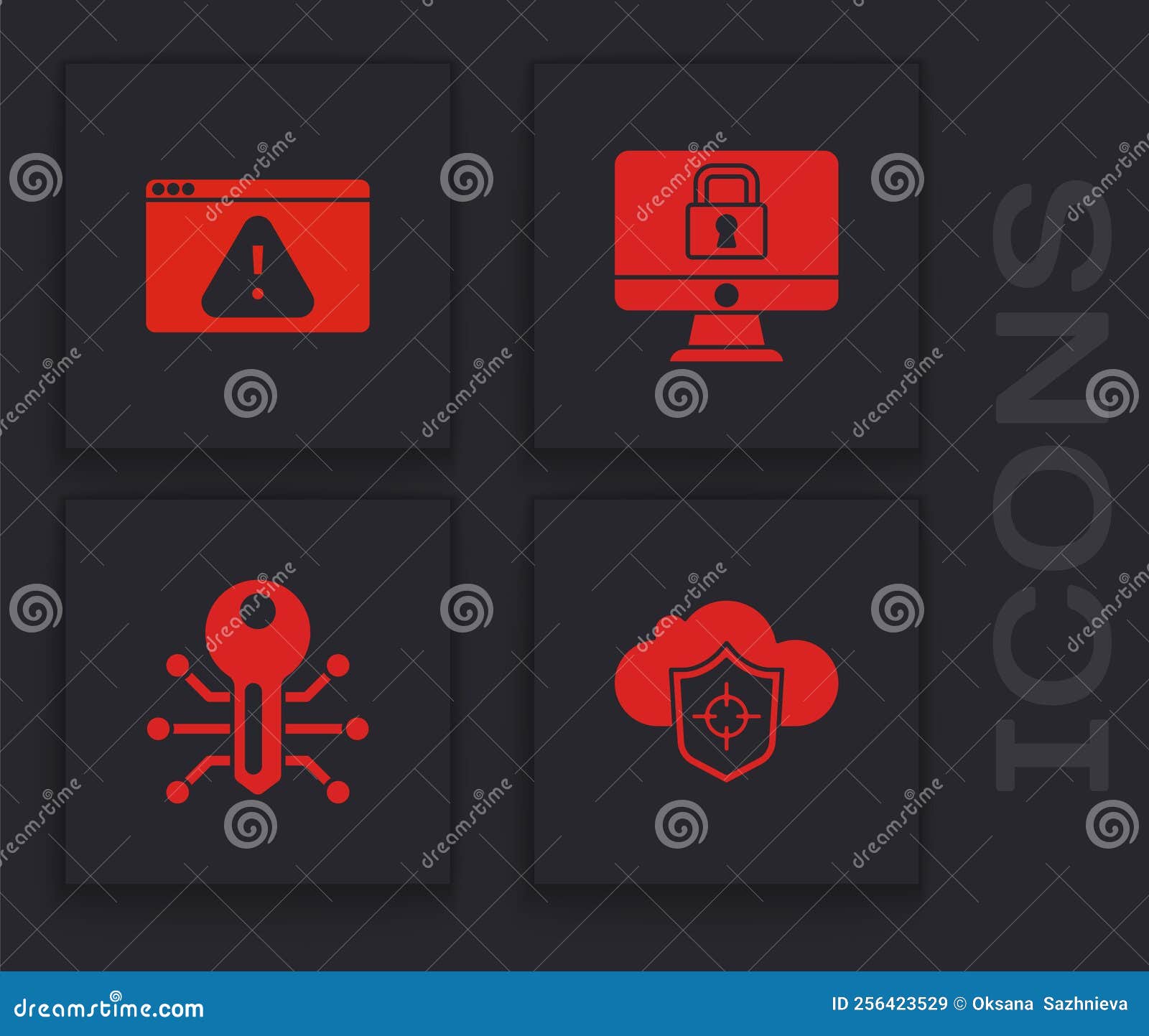 Set Cloud And Shield Browser With Exclamation Mark Lock Monitor And Smart Key Icon Vector