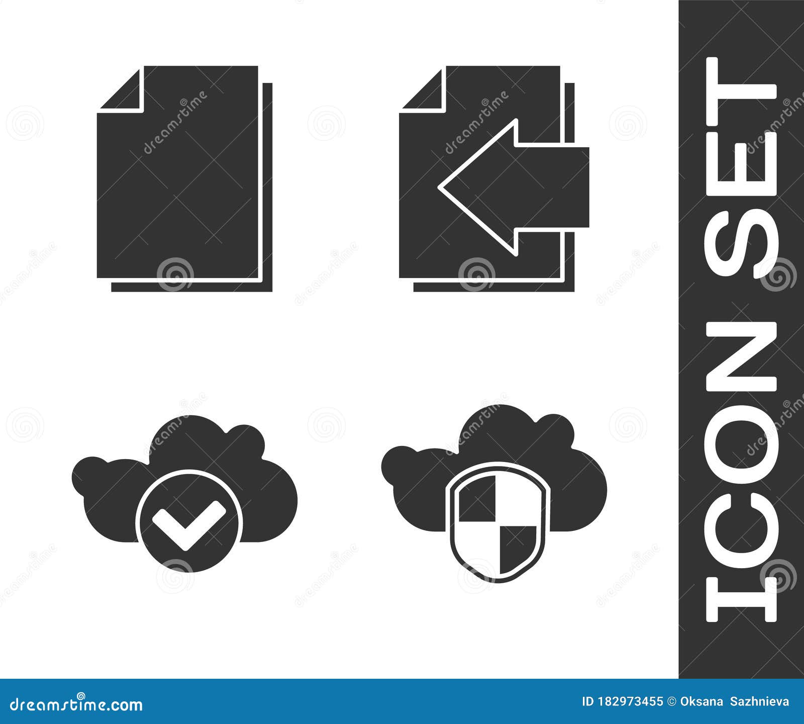 Set Cloud and Shield, Document, Cloud with Check Mark and Next Page Arrow Icon Stock Vector ...