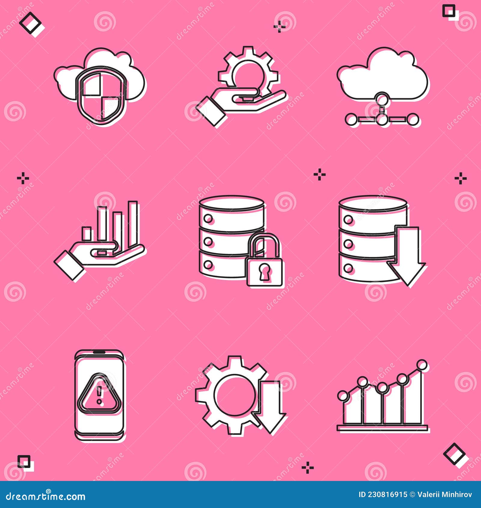 Set Cloud and Shield, Hand Settings Gear, Network Cloud Connection, Pie ...
