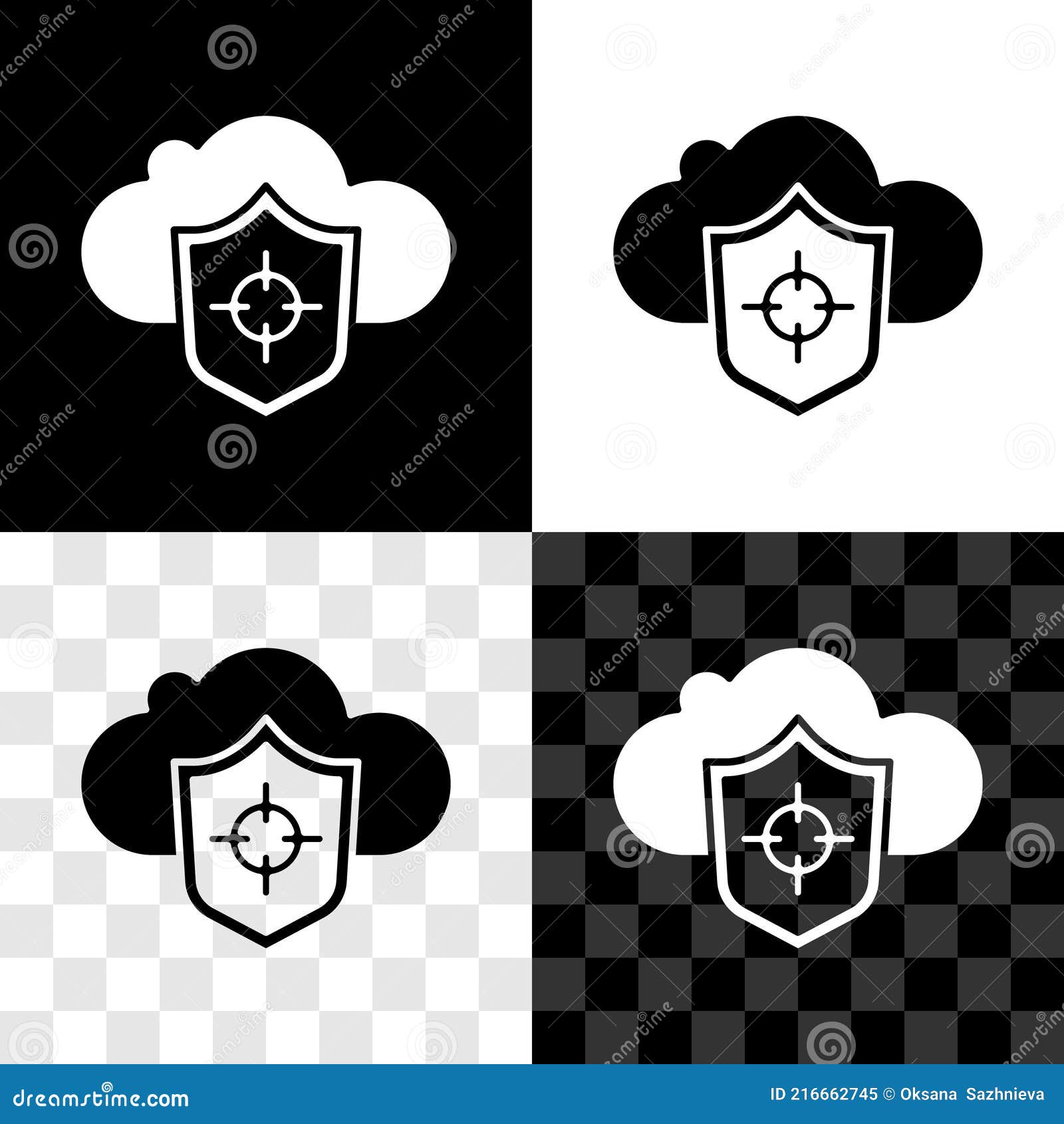 Set Cloud and Shield Icon Isolated on Black and White, Transparent ...