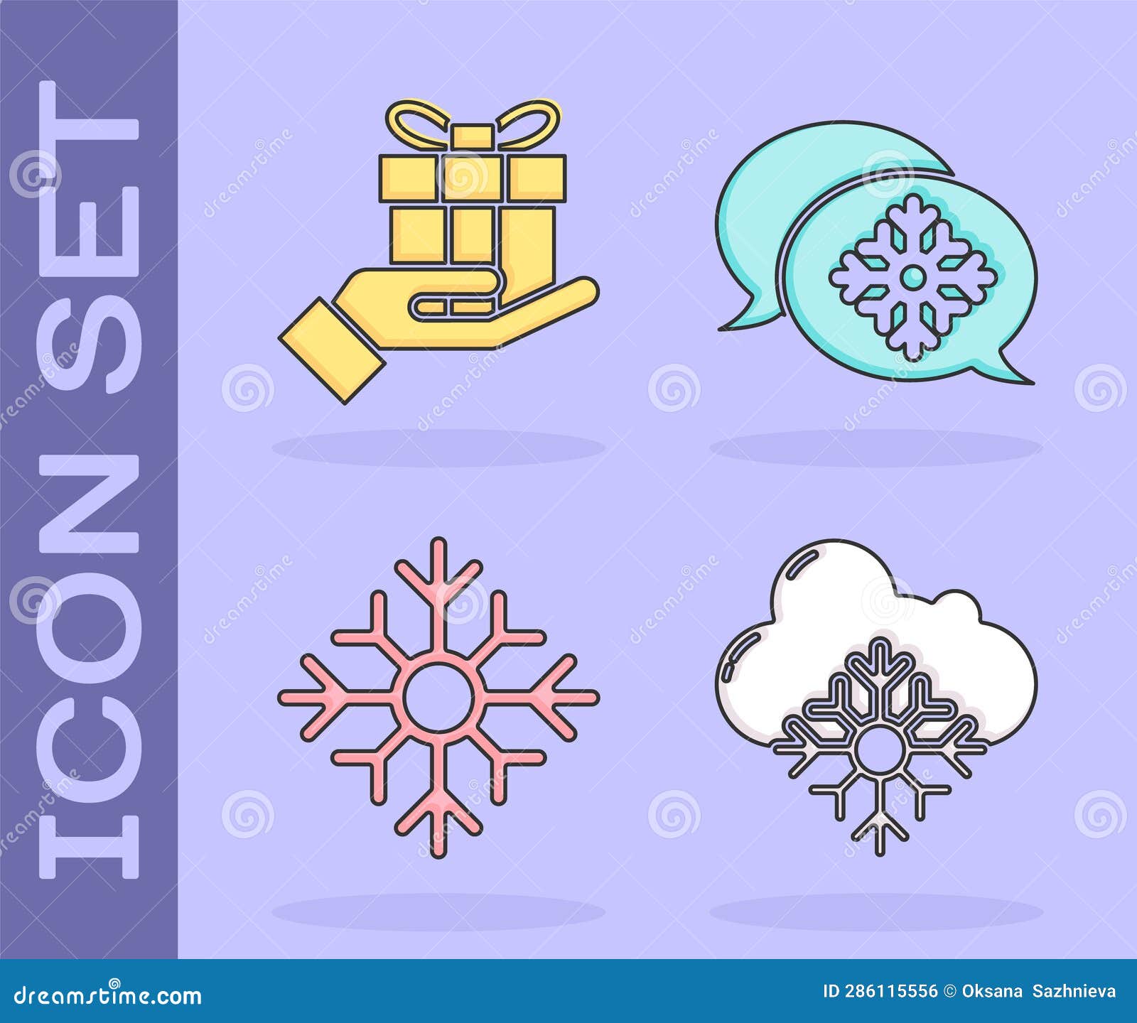 Set Cloud with Snow, Gift Box in Hand, Snowflake and Snowflake with ...