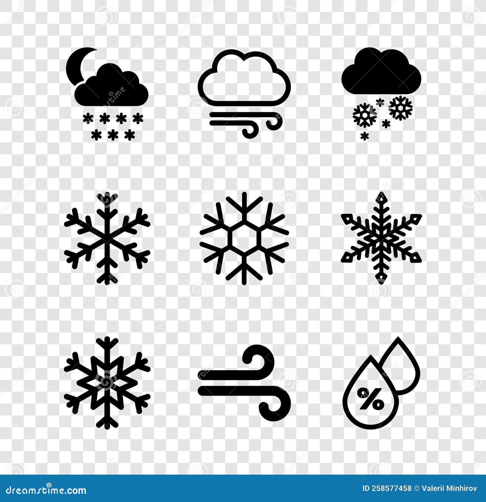 Set Cloud with Snow and Moon, Windy Weather, Snowflake, and Water Drop ...