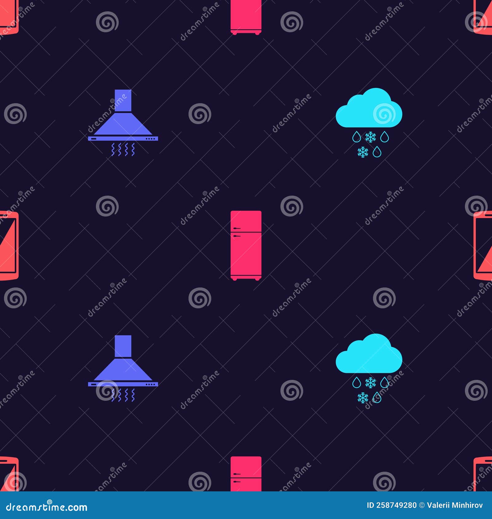 Set Cloud with Snow and Rain, Kitchen Extractor Fan, Refrigerator and ...