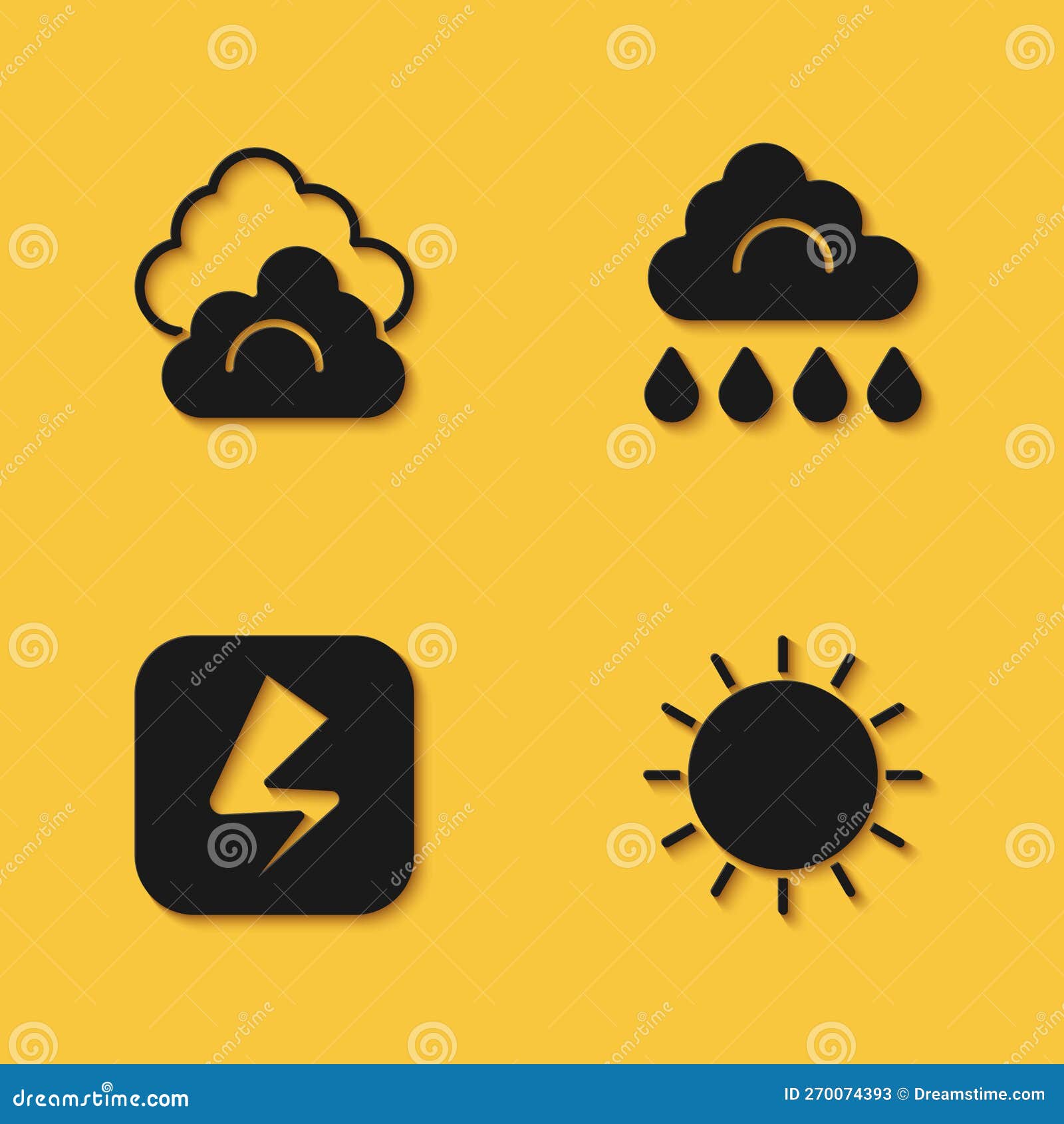 Set Cloud, Sun, Lightning Bolt and with Rain Icon with Long Shadow ...