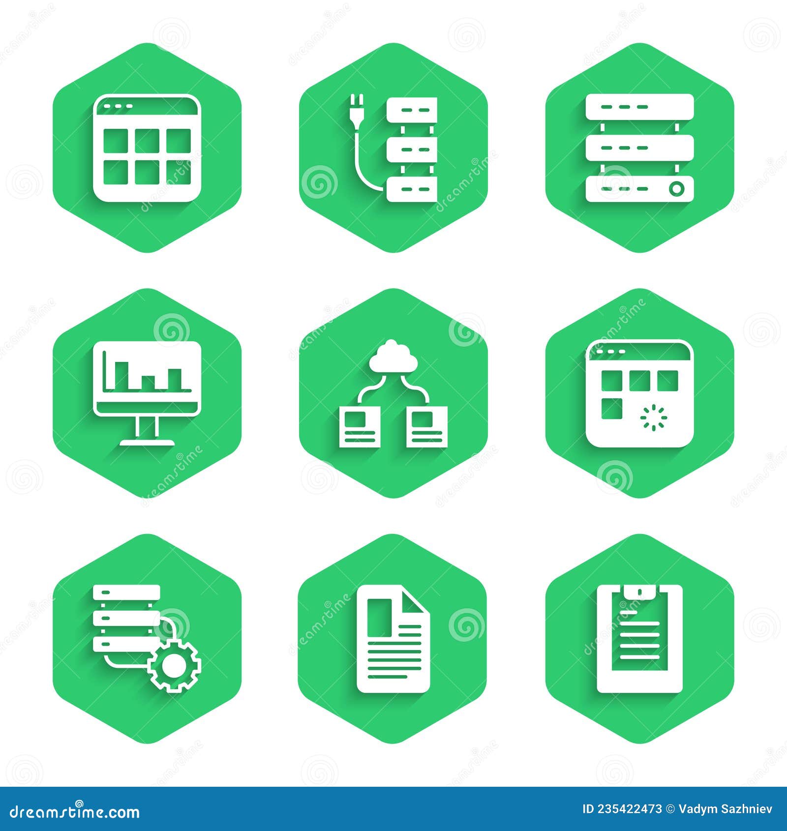 Set Cloud Technology Data Transfer, File Document, Server, Data Report, Loading Window, and Gear ...