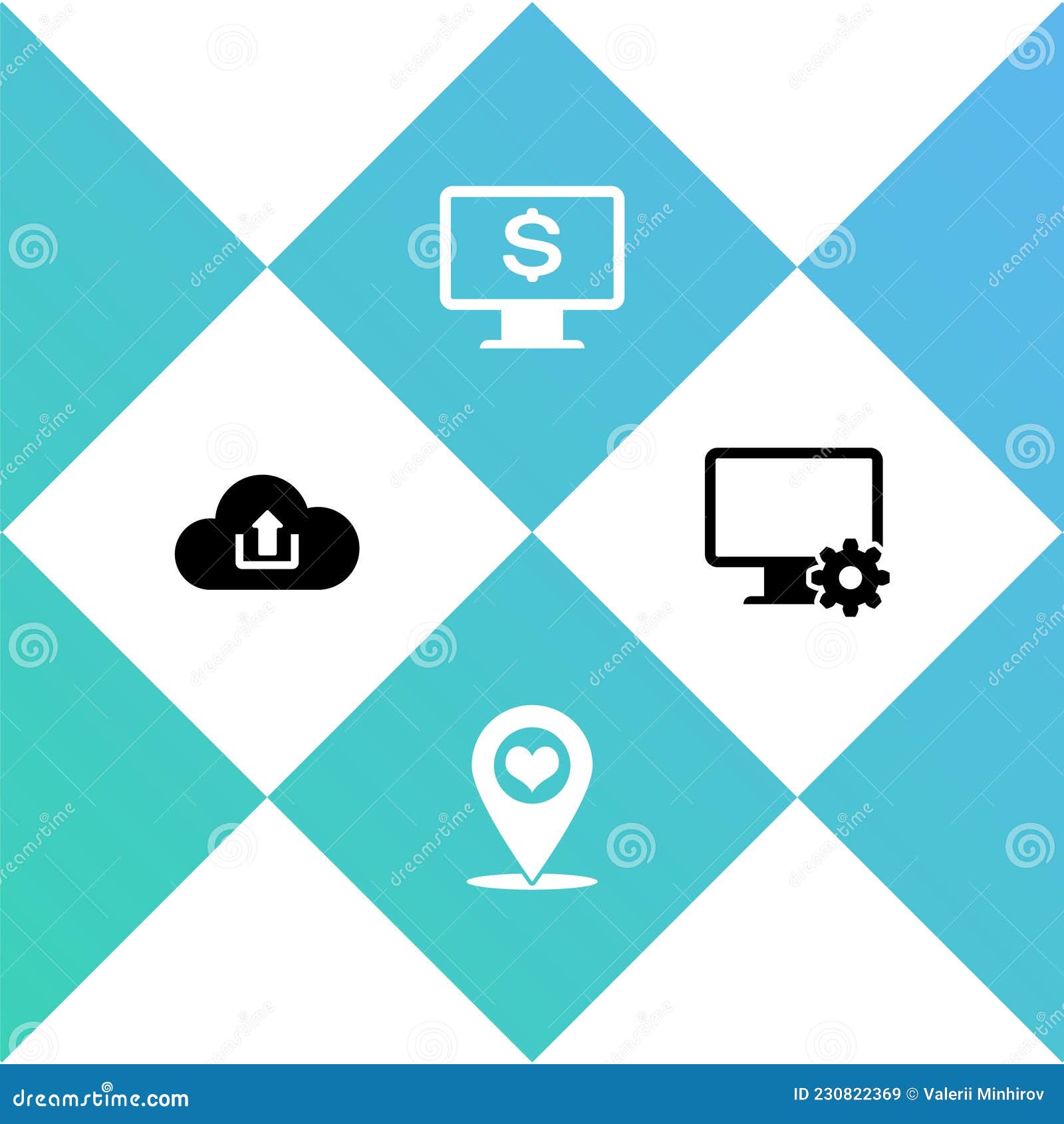 Set Cloud Upload, Map Pointer with Heart, Monitor Dollar and Computer Monitor and Gear Icon ...