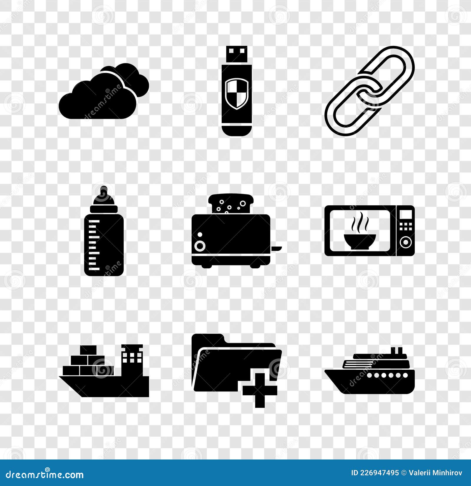 Set Cloud, USB Flash Drive and Shield, Chain Link, Cargo Ship, Add New ...