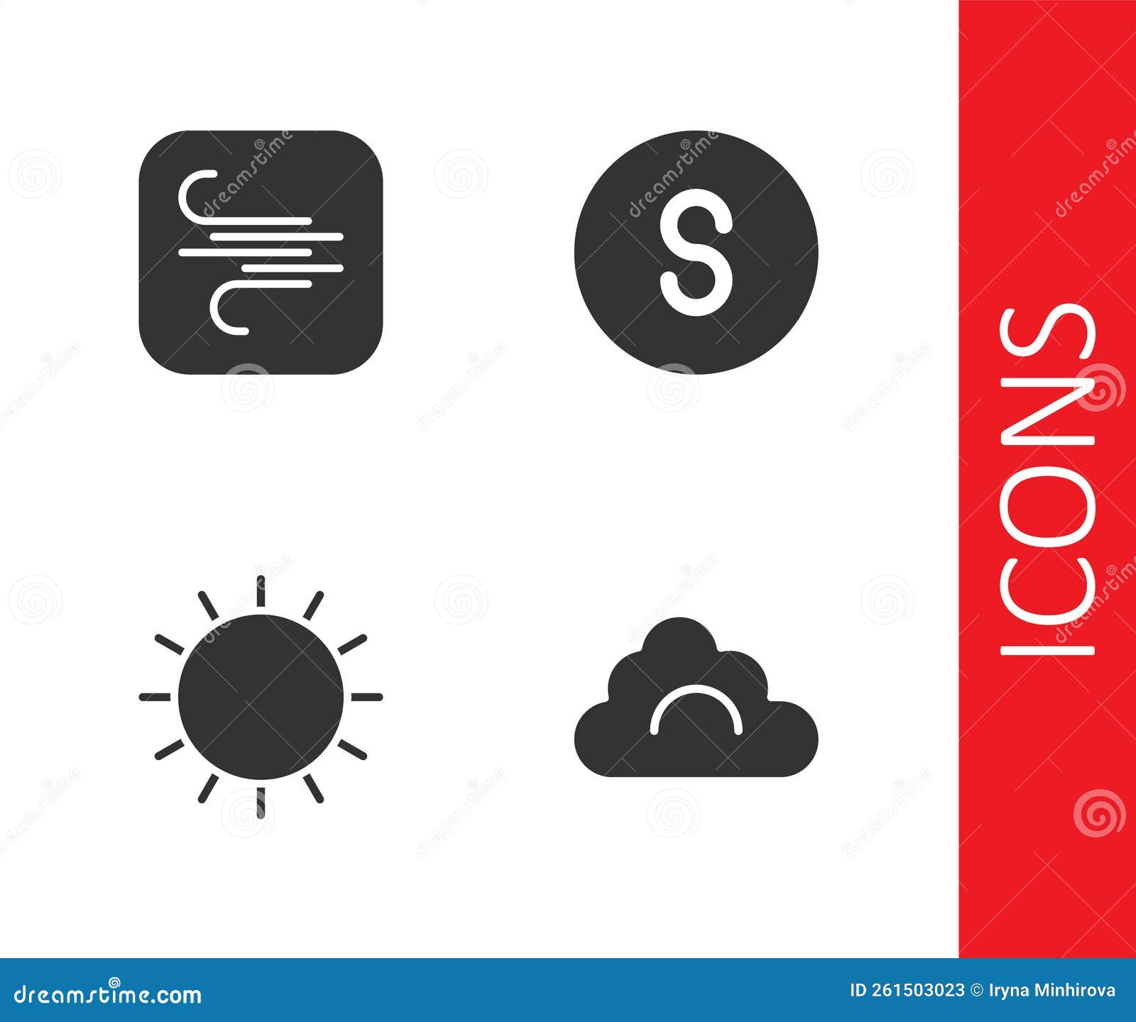 Set Cloud, Wind, Sun and Compass South Icon. Vector Stock Illustration ...