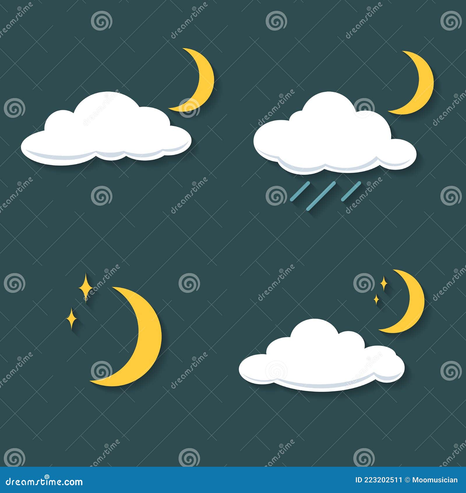 Set of Clouds with Rain, Moon, Stars at Night Stock Vector ...