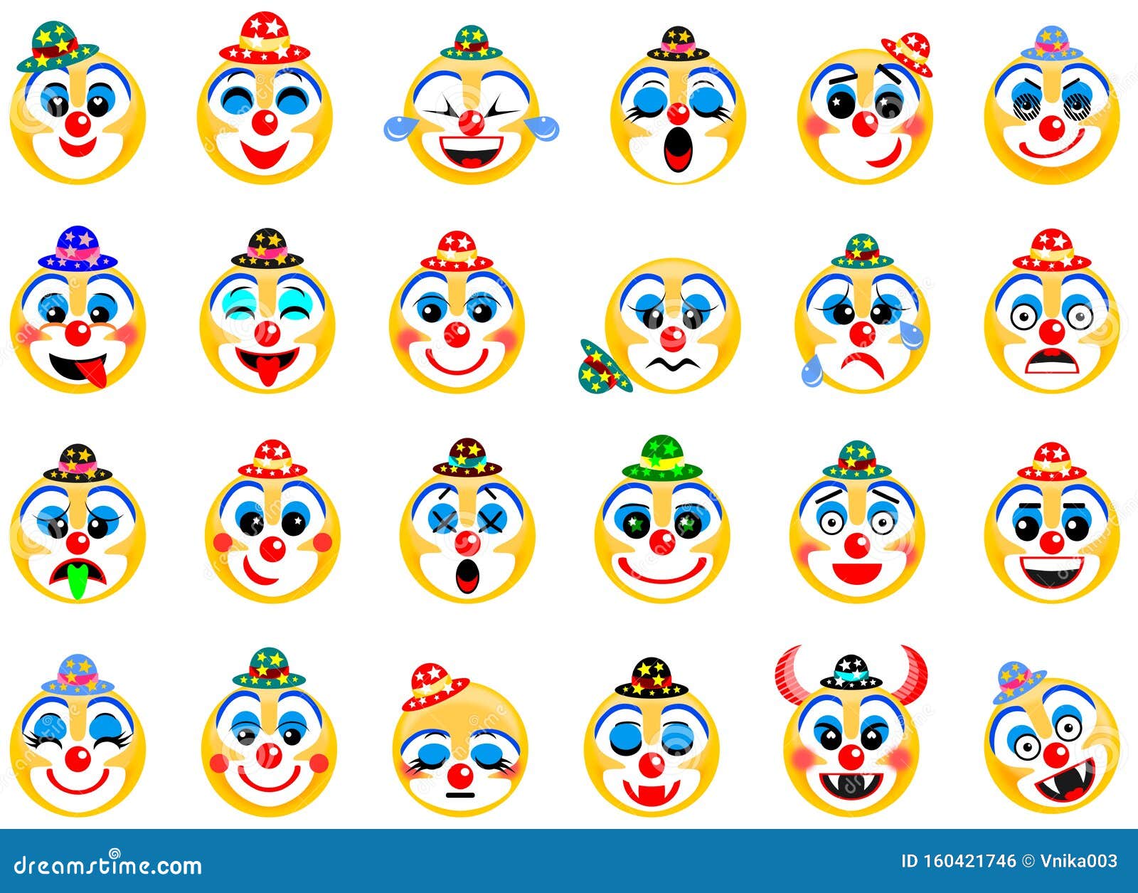 Set of 24 Clown Emoticons in Different Moods Stock Photo - Illustration ...