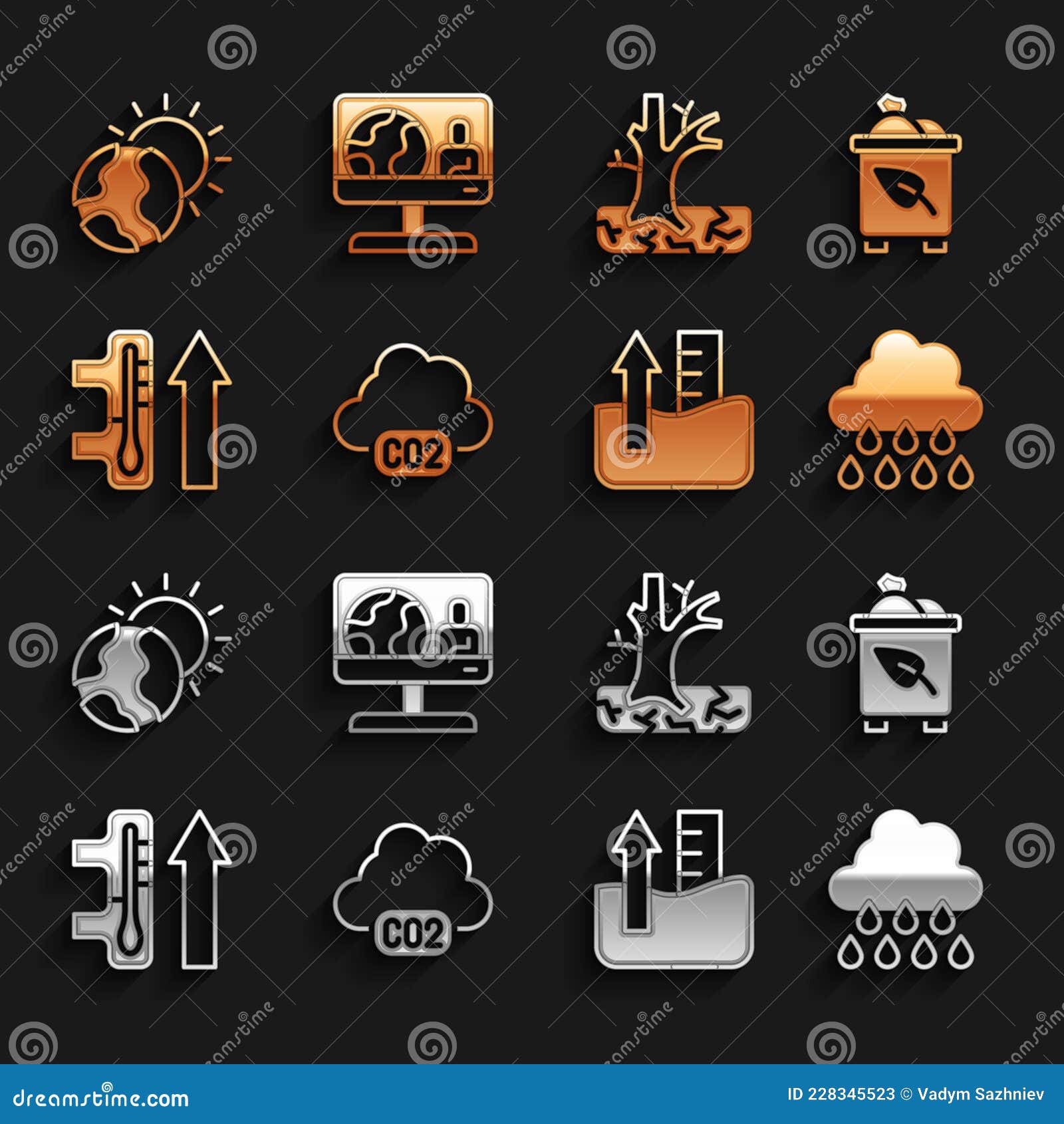 Set CO2 Emissions In Cloud, Recycle Bin With Recycle, Cloud Rain, Rise ...
