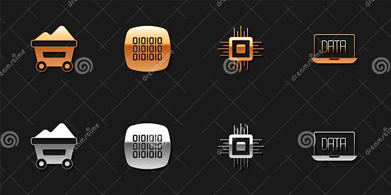 Set Coal Mine Trolley Binary Code Processor Cpu And Data Analysis Icon Vector Stock Vector