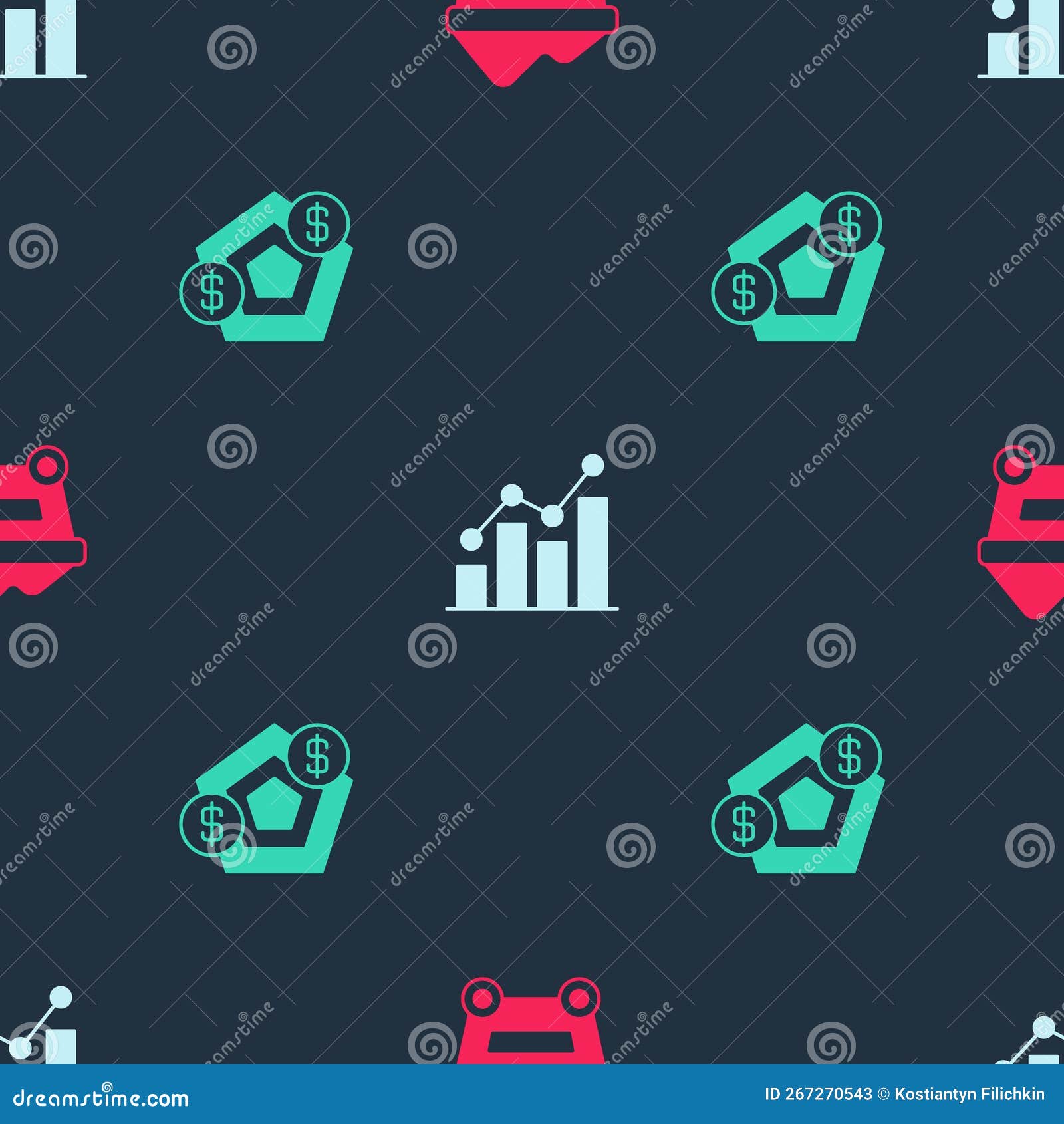 Set Coal Mine Trolley, Pie Chart Infographic and Financial Growth on Seamless Pattern. Vector ...