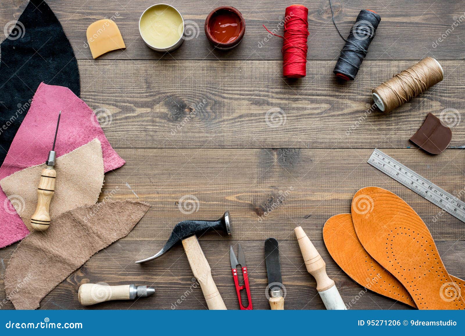 Set of Cobbler Tools on Brown Wooden Desk Background Top View Copyspace ...