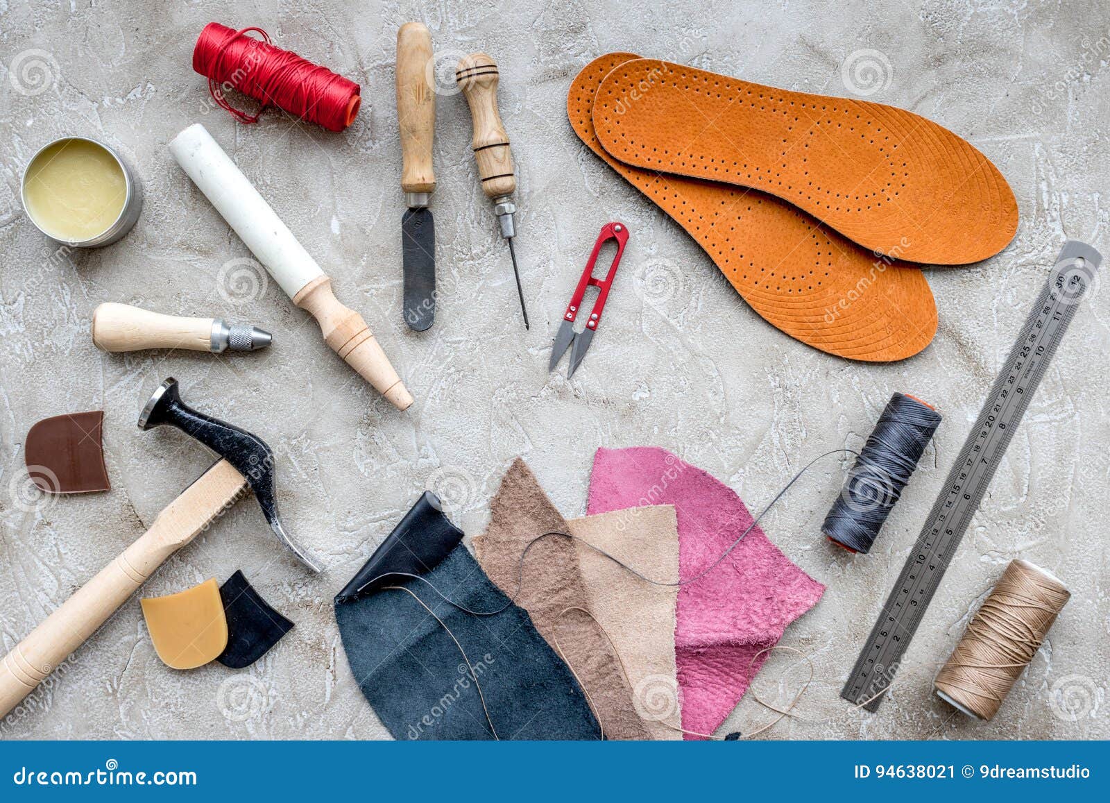 Set of Cobbler Tools on Grey Stone Desk Background Top View Stock Image ...