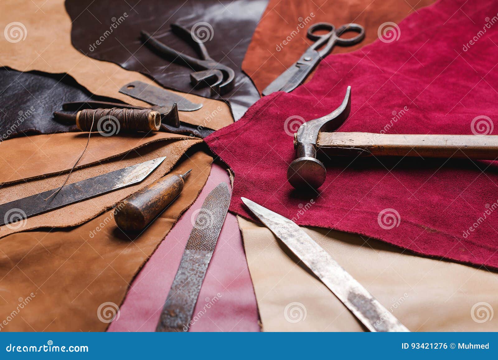 Set of Cobbler Tools on a Pieces of Colorful Leather. Stock Photo ...