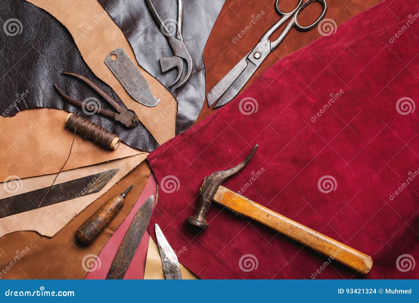 Set of Cobbler Tools on a Pieces of Colorful Leather. Stock Photo ...