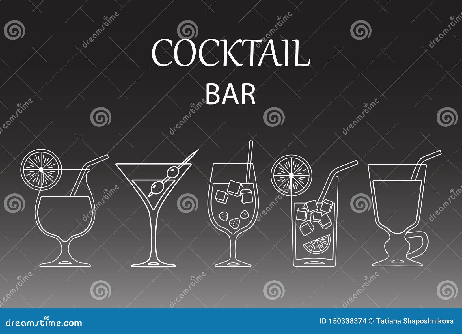 Set of Cocktails Line Art Design on Black Background Stock Illustration ...