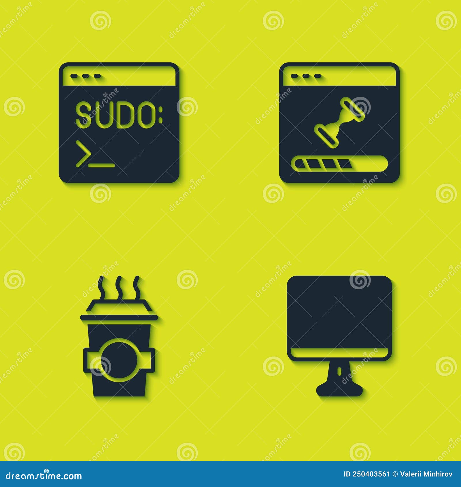 Set Code Terminal, Computer Monitor Screen, Coffee Cup Go and Loading ... Set Code Terminal, Computer Monitor Screen, Coffee Cup Go and Loading ...