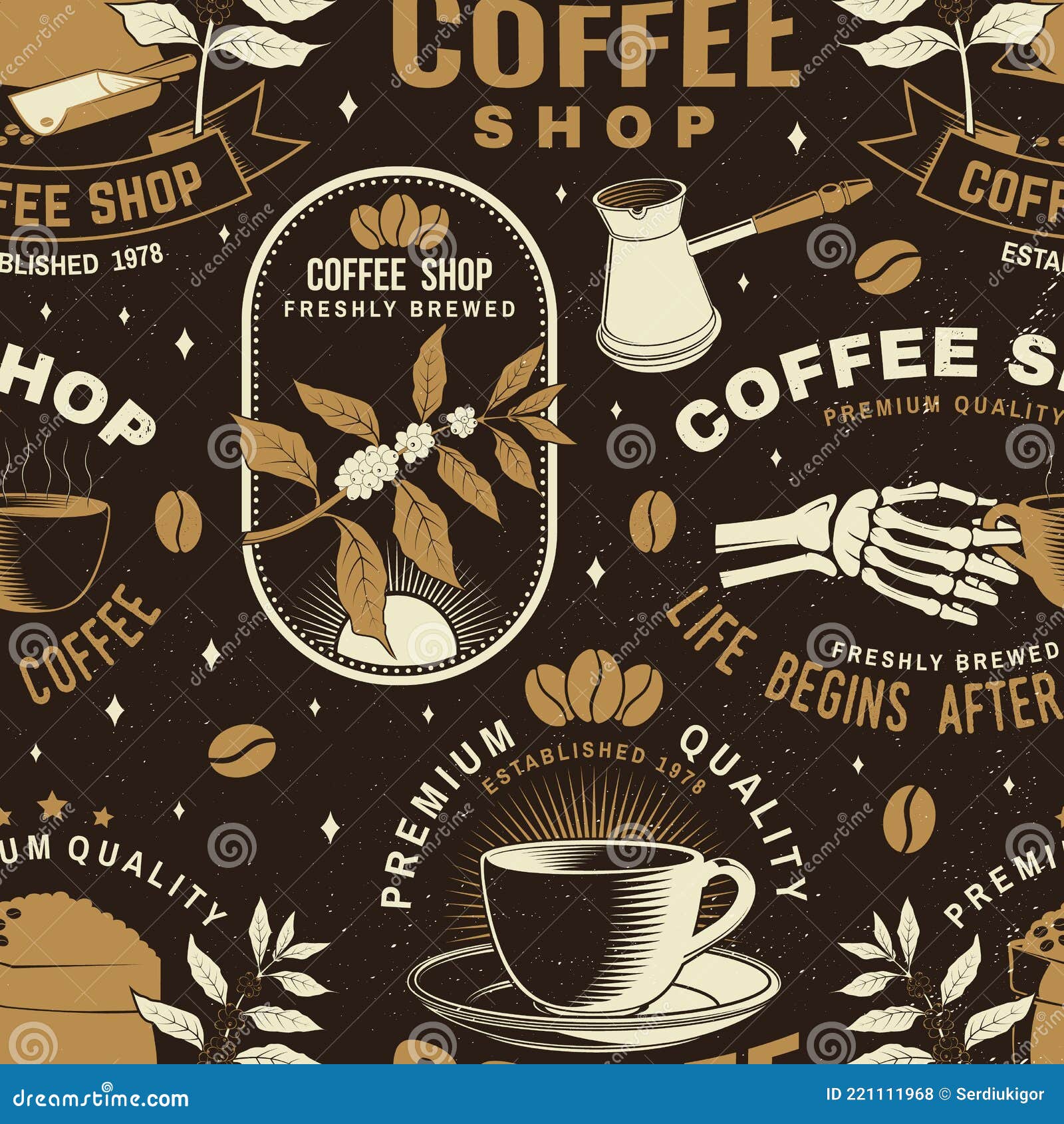Set of Coffe Shop Seamless Pattern or Background. Vector Seamless Scene ...