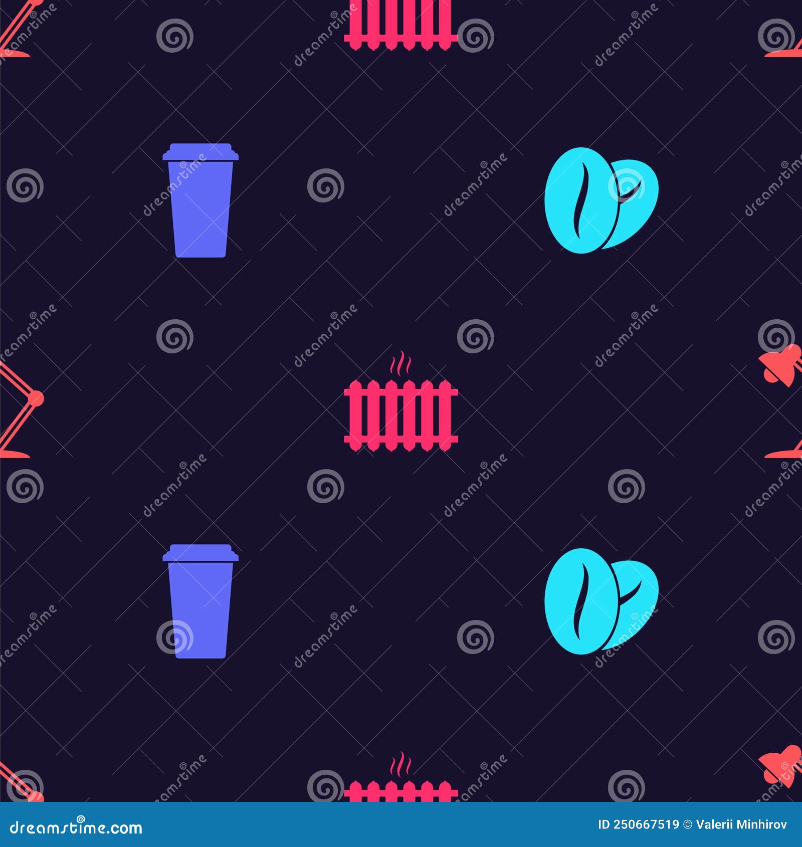 Set Coffee Beans, Cup, Heating Radiator and Table Lamp on Seamless ...