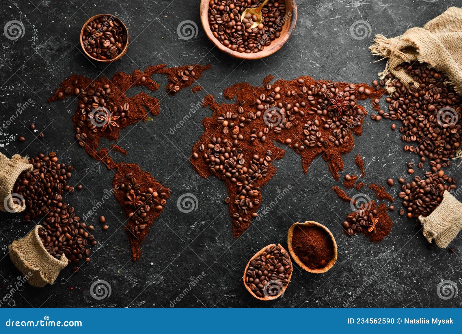 Set of Coffee Beans and Ground Coffee in the Shape of a World Map ...