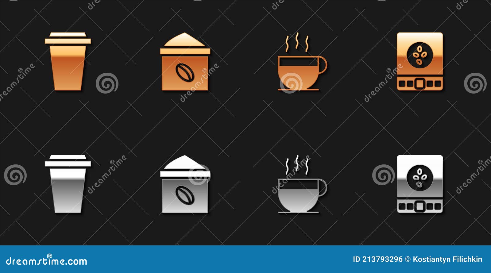 Set Coffee Cup To Go, Bag Coffee Beans, and Electronic Scales Icon ...