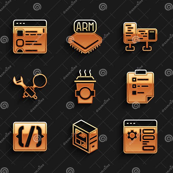 Set Coffee Cup To Go, Computer, Browser Setting, Clipboard with Checklist, Programming Language ...