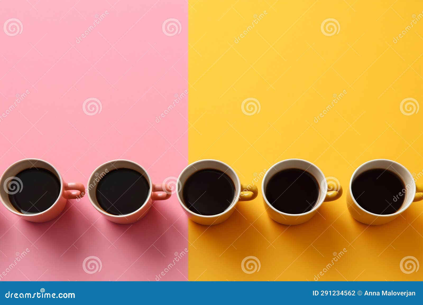 Set of Coffee Cups in Pink Yellow Pastel Color Table. Top View Stock ...