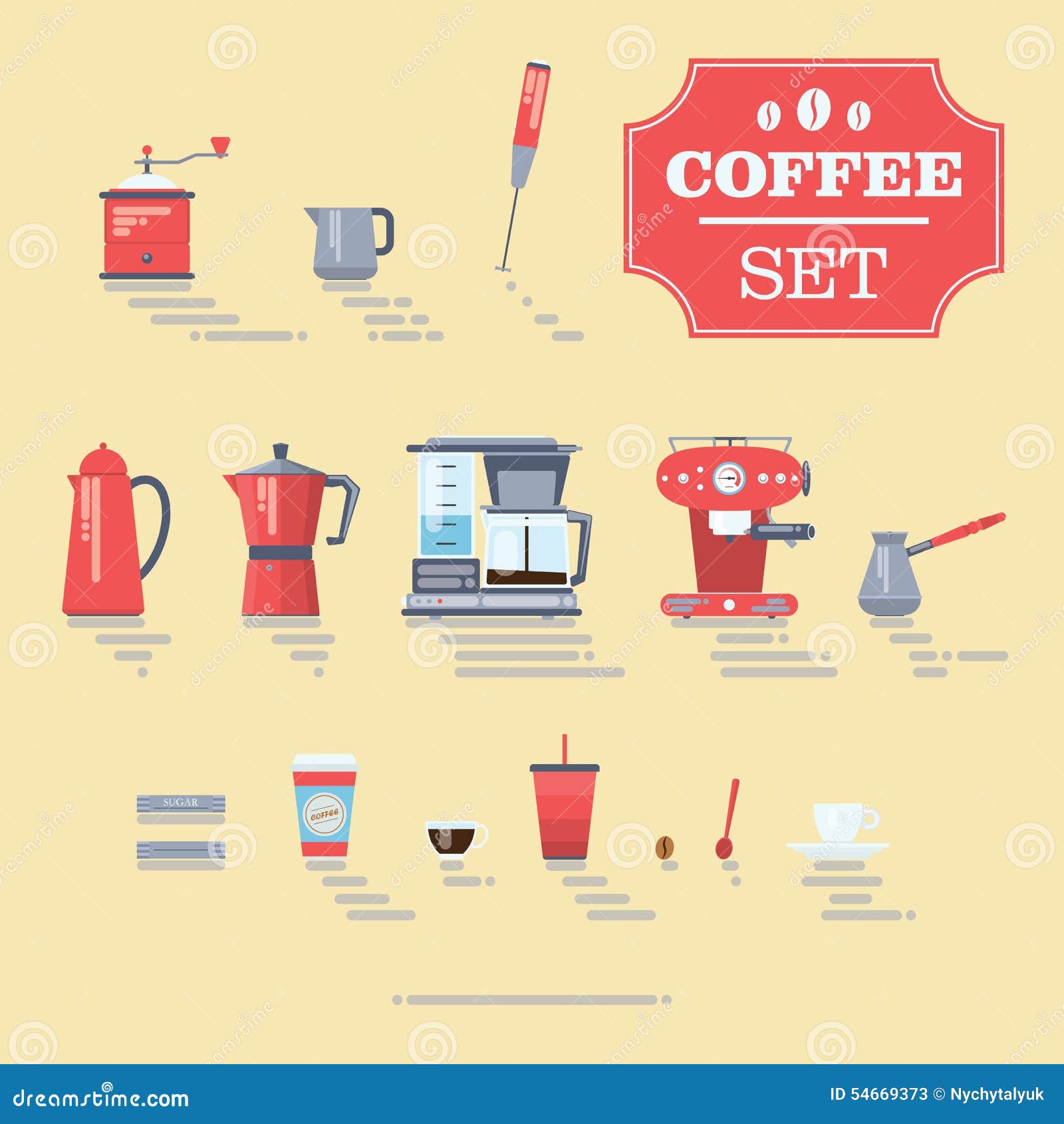 Set of Coffee Elements and Coffee Accessories. Flat Style Stock Vector ...