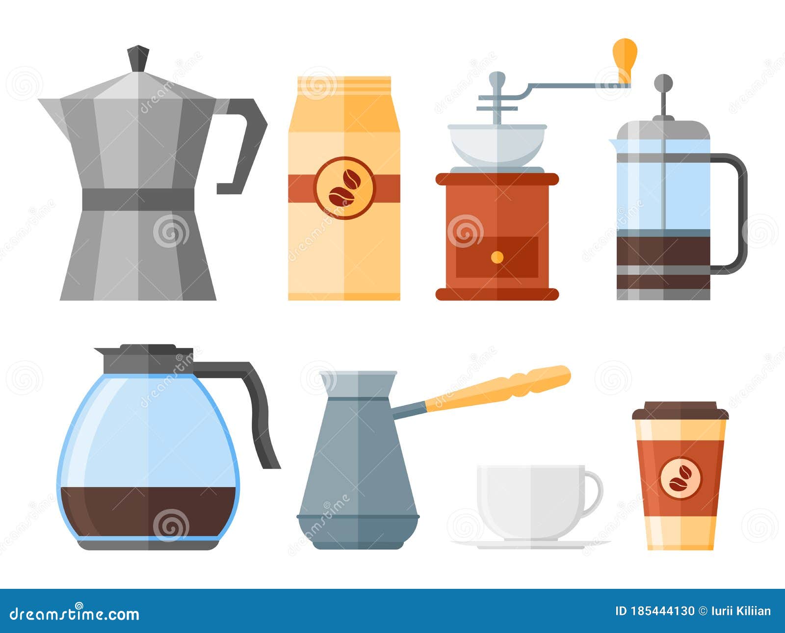 Set of Coffee Elements. French Press, Coffee Makers, Cup, Pot, Grinder ...