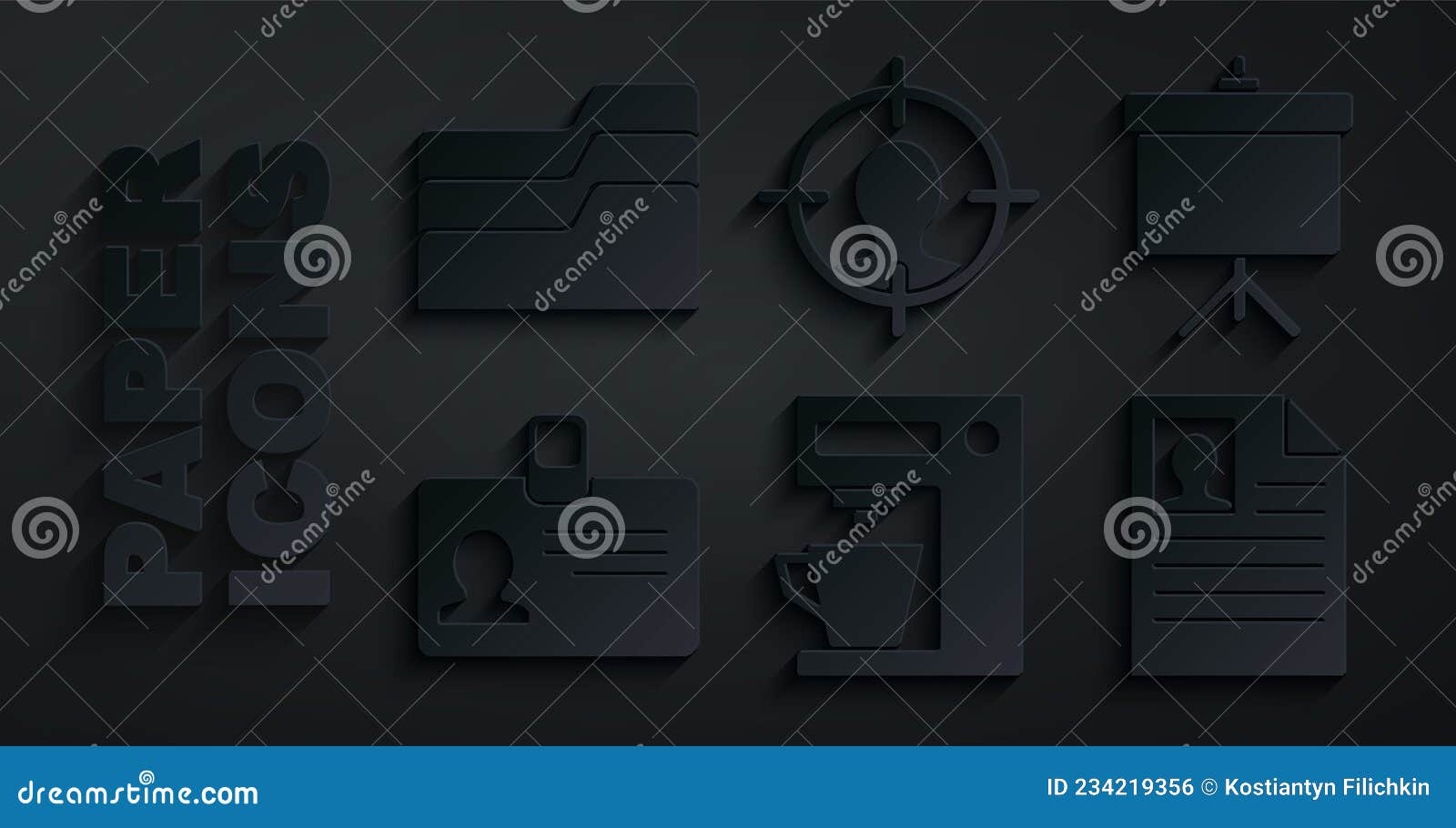 Set Coffee Machine, Chalkboard with Diagram, Identification Badge, Resume, Head Hunting Concept ...