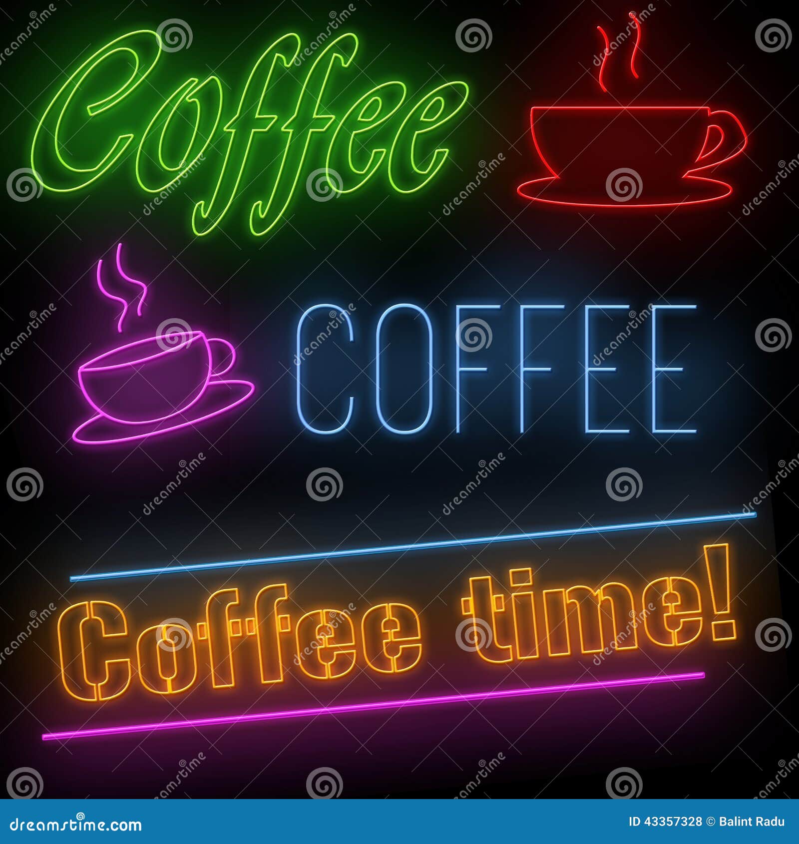 Set of coffee neon signs stock vector. Illustration of design - 43357328
