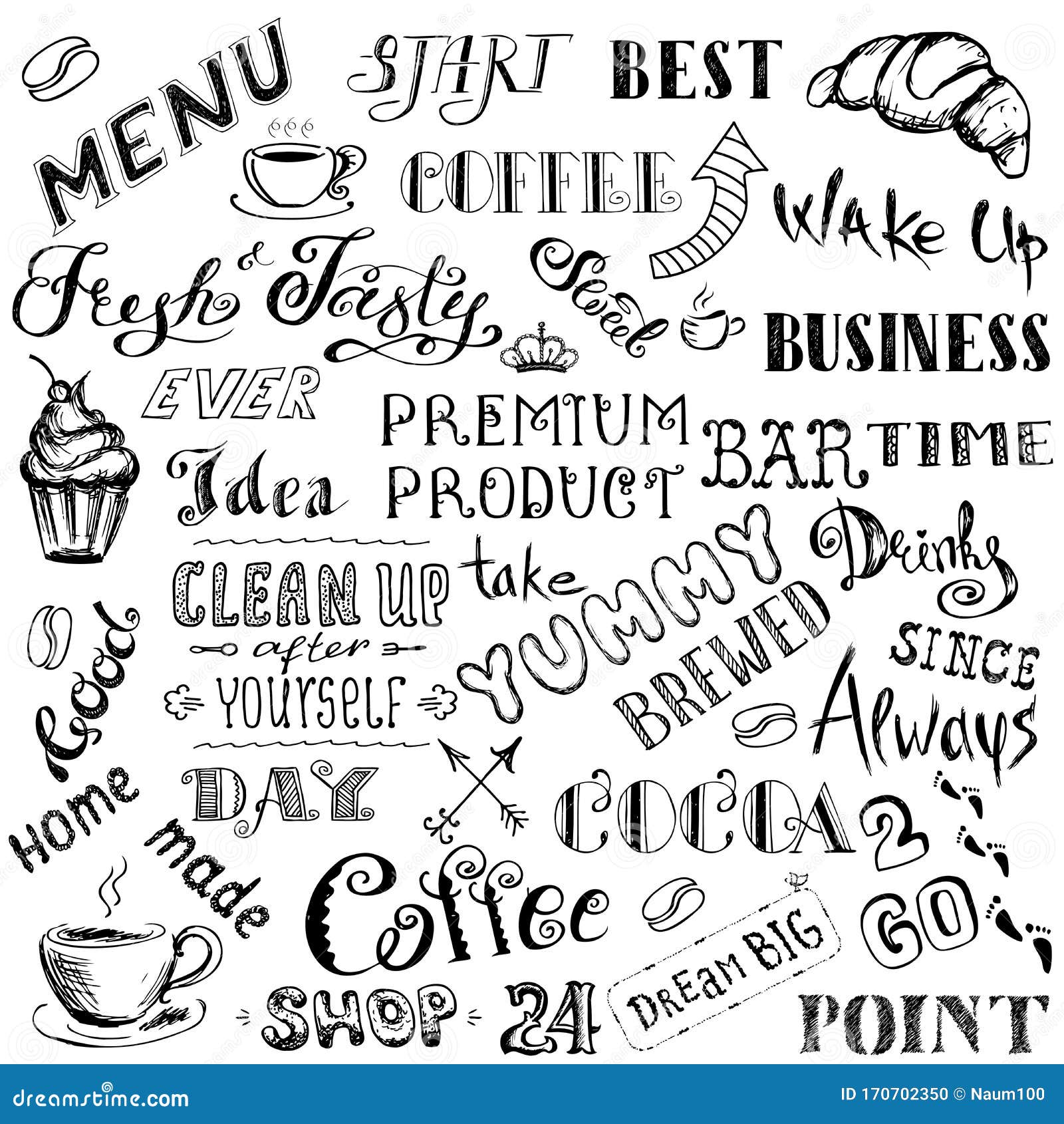 Set Coffee Sign and Letters,hand Drawn Collection on White Background ...