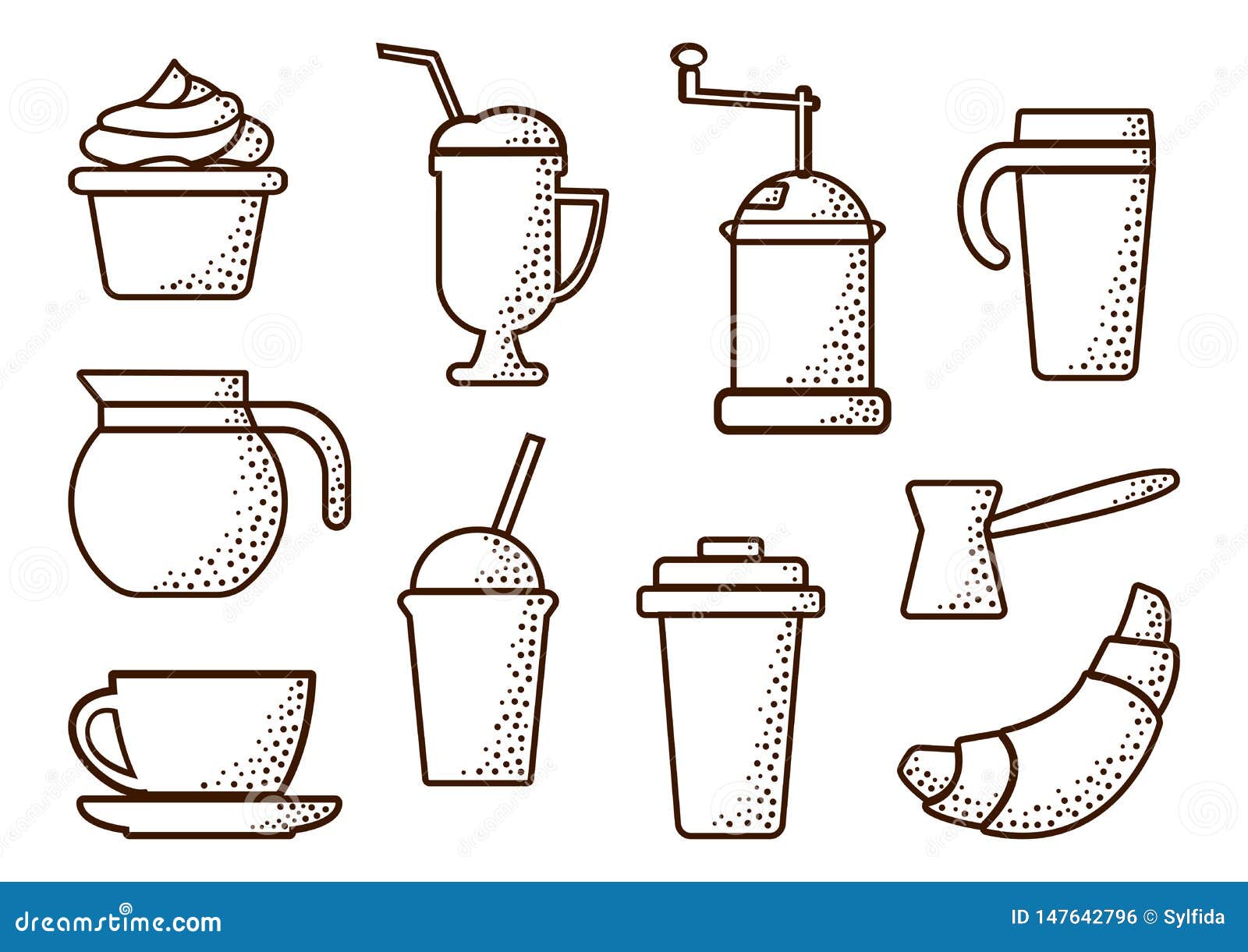 Set on Coffee Theme, Brown Outline Design, Vector Stock Illustration ...
