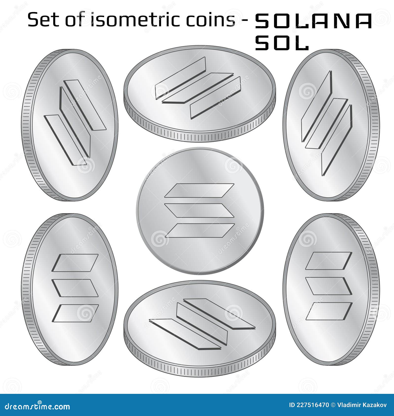 Set of Coins Solana SOL in Isometric View in Black and White Isolated ...